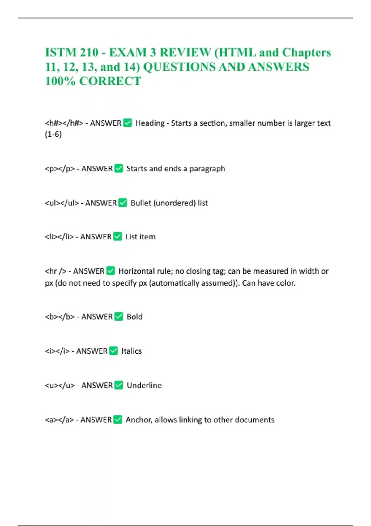 ISTM 210 - EXAM 3 REVIEW (HTML and Chapters 11, 12, 13, and 14) QUESTIONS AND ANSWERS 100% ...