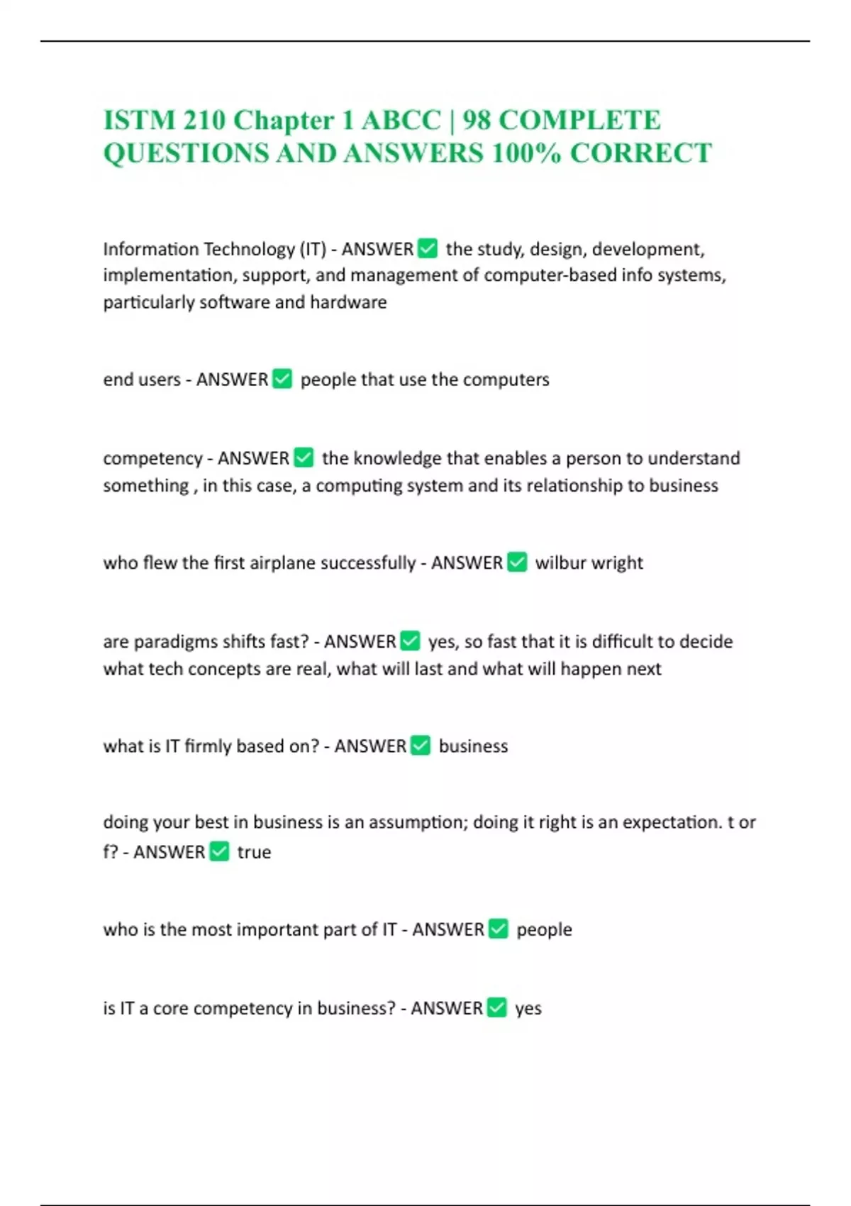 ISTM 210 Chapter 1 ABCC | 98 COMPLETE QUESTIONS AND ANSWERS 100% ...