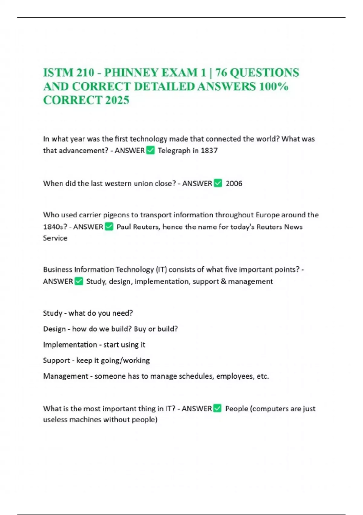 ISTM 210 - PHINNEY EXAM 1 | 76 QUESTIONS AND CORRECT DETAILED ANSWERS ...