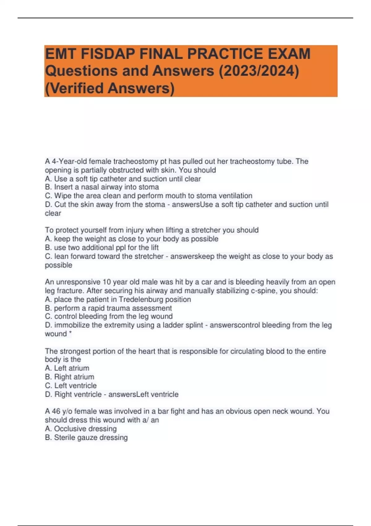 EMT FISDAP FINAL PRACTICE EXAM Questions and Answers (2023/2024 ...