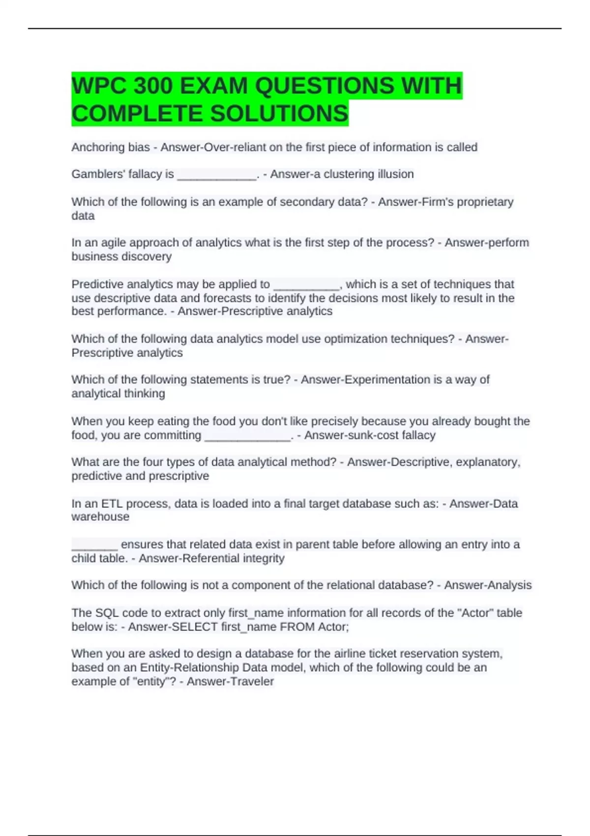 WPC 300 EXAM QUESTIONS WITH COMPLETE SOLUTIONS - WPC 300 - Stuvia US