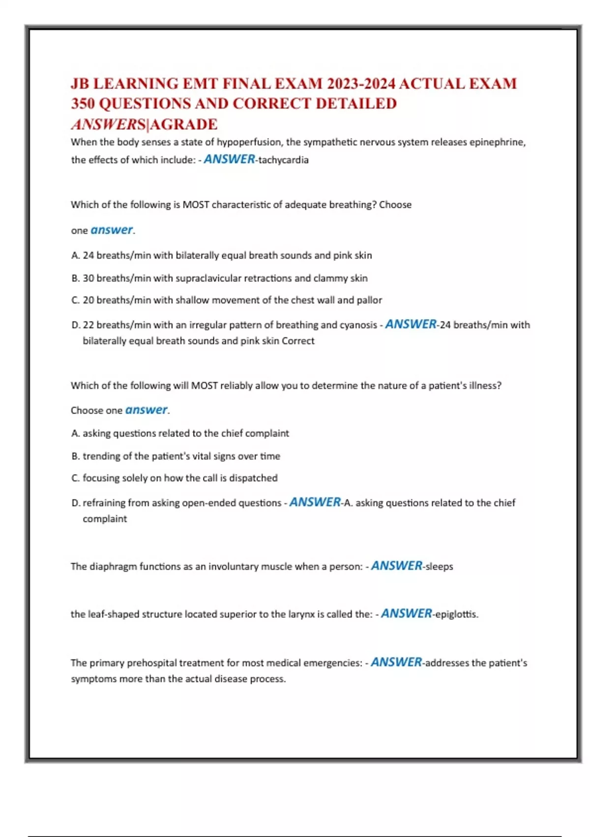 JB LEARNING EMT FINAL EXAM ACTUAL EXAM 350 QUESTIONS AND CORRECT ...