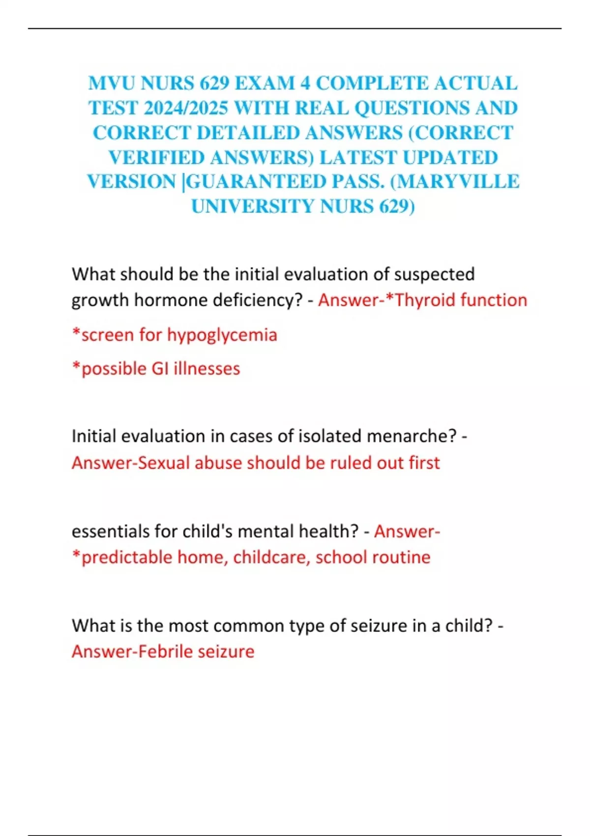 MVU NURS 629 EXAM 4 COMPLETE ACTUAL TEST 2024/2025 WITH REAL QUESTIONS ...