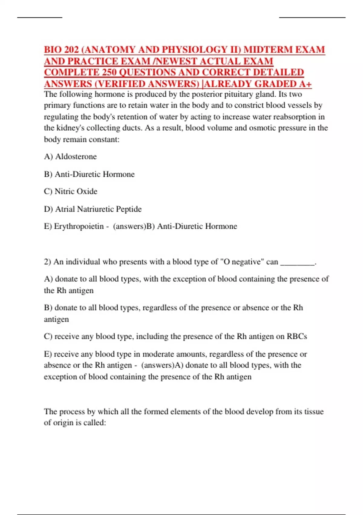 BIO 202 (ANATOMY AND PHYSIOLOGY II) MIDTERM EXAM AND PRACTICE EXAM ...