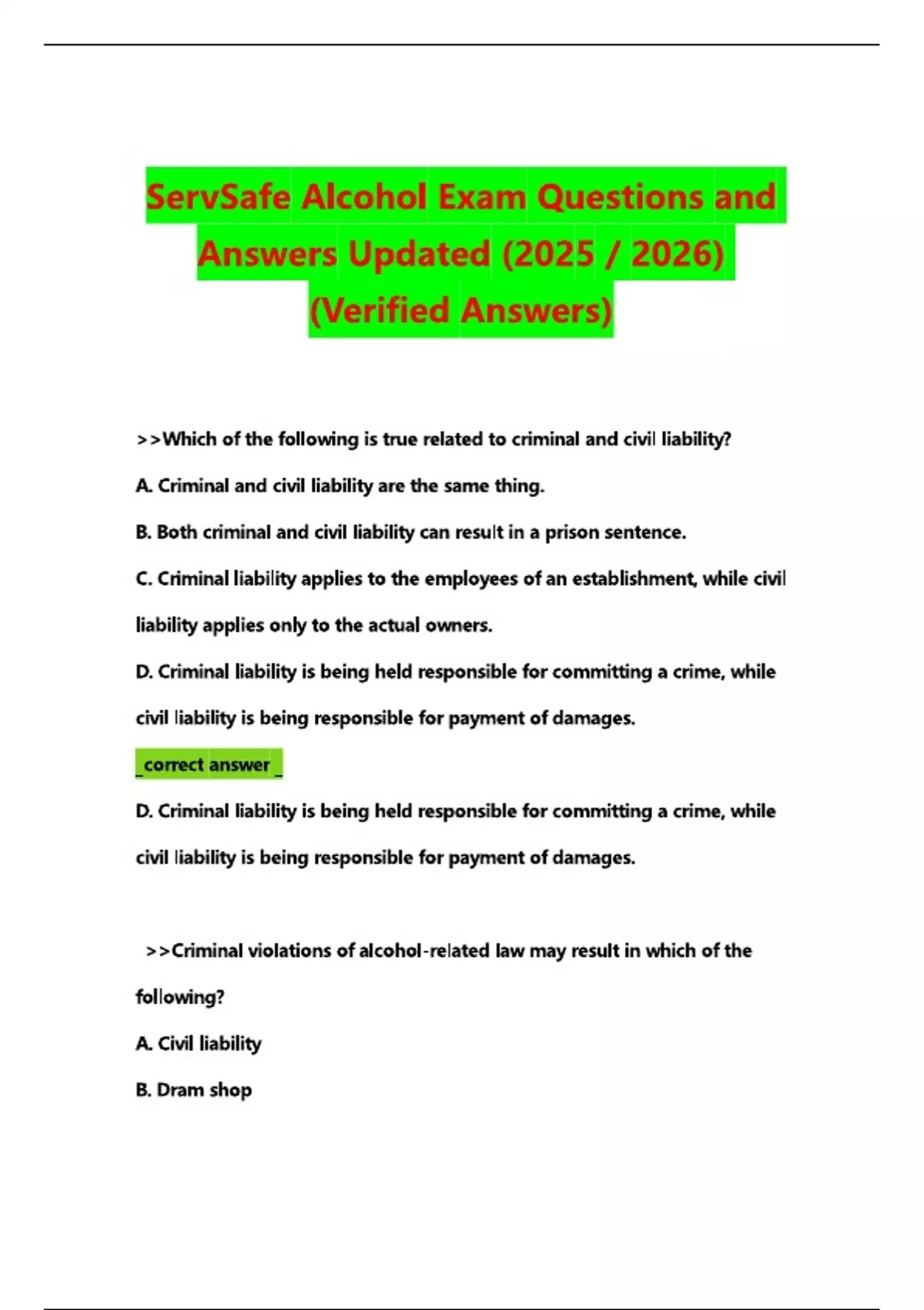 ServSafe Alcohol Exam Questions and Answers Updated (2025 / 2026 ...