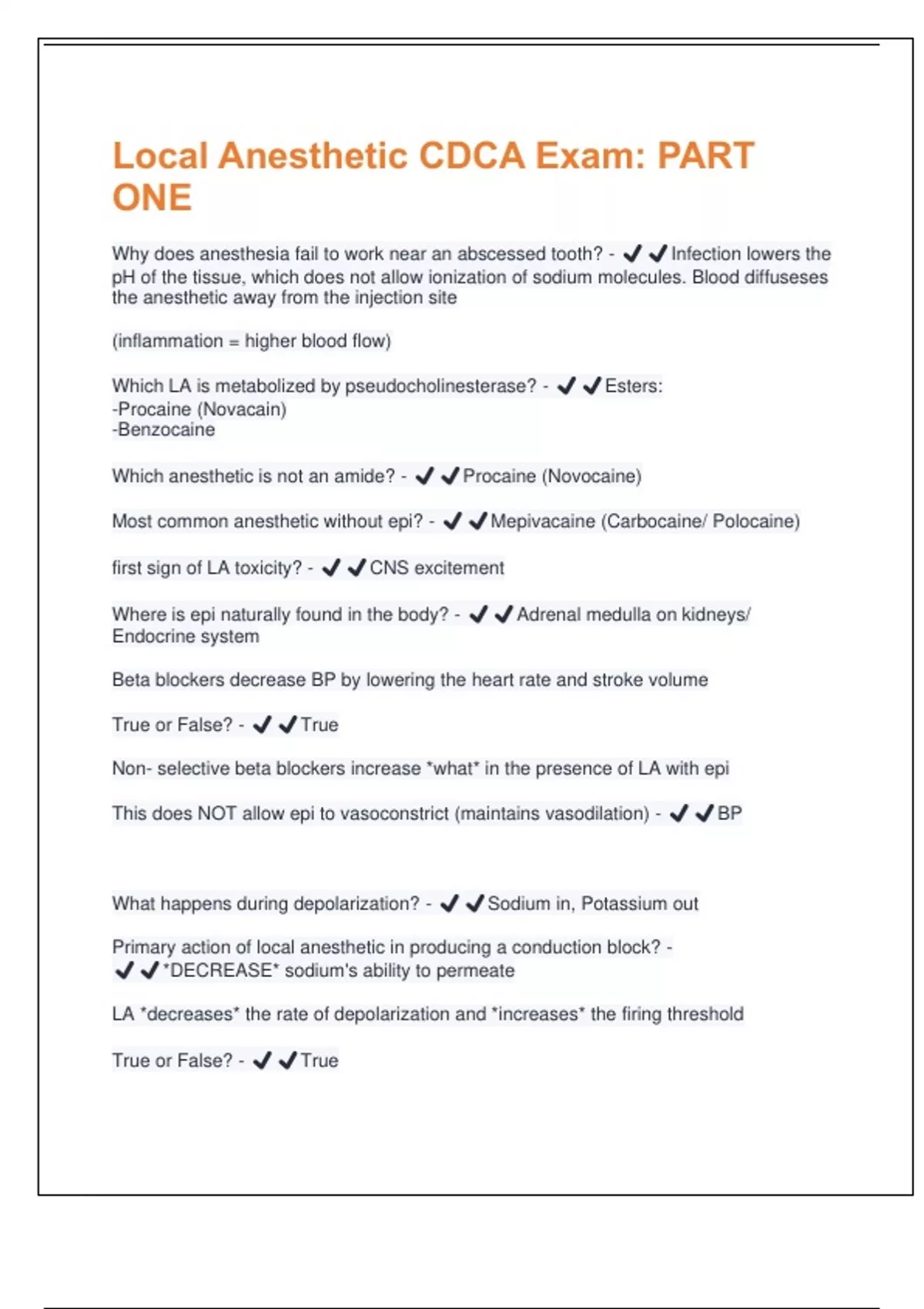 Local Anesthetic CDCA Exam: PART ONE latest questions and answers all ...