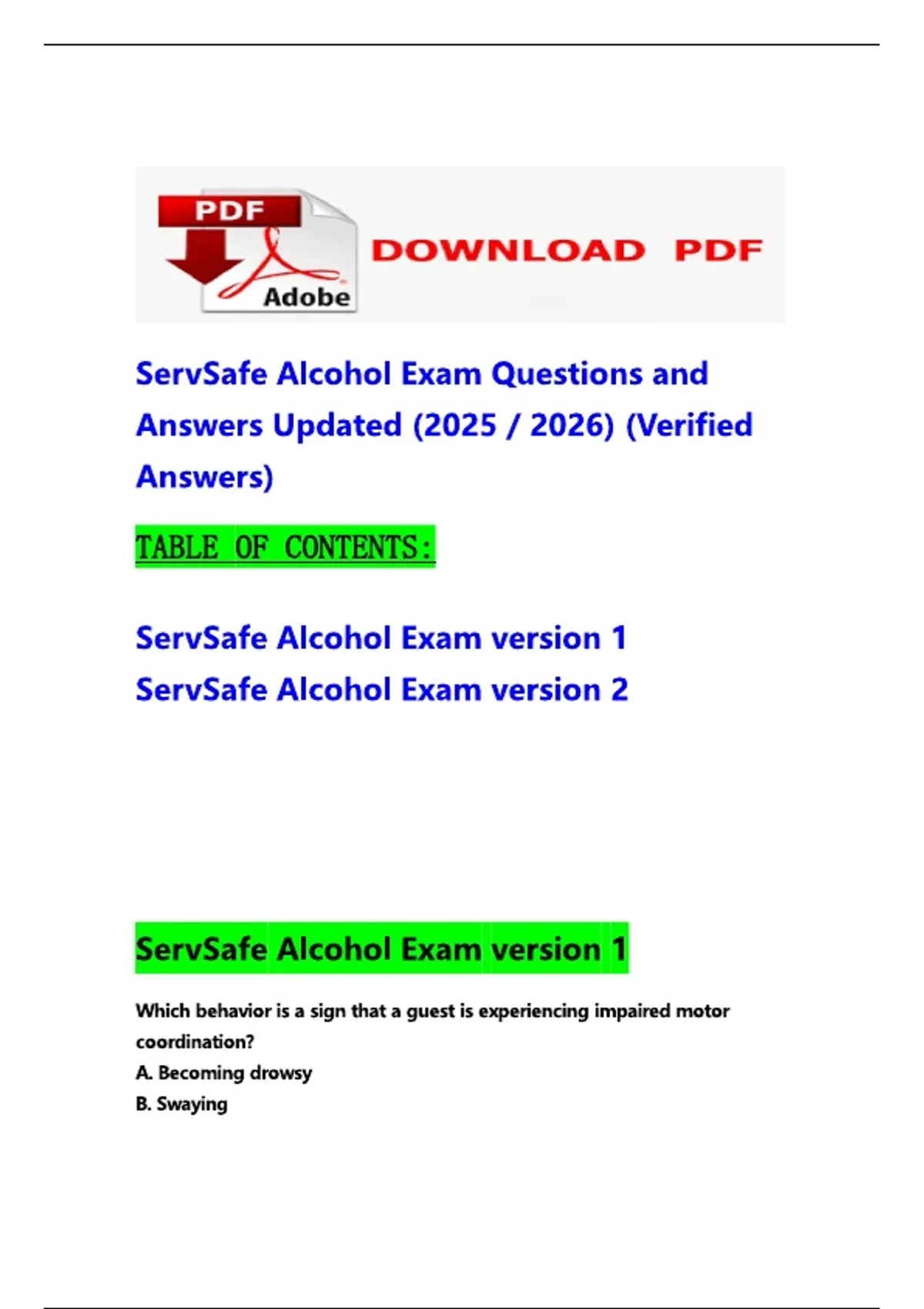 ServSafe Alcohol Exam Questions and Answers Updated (2025 / 2026 ...