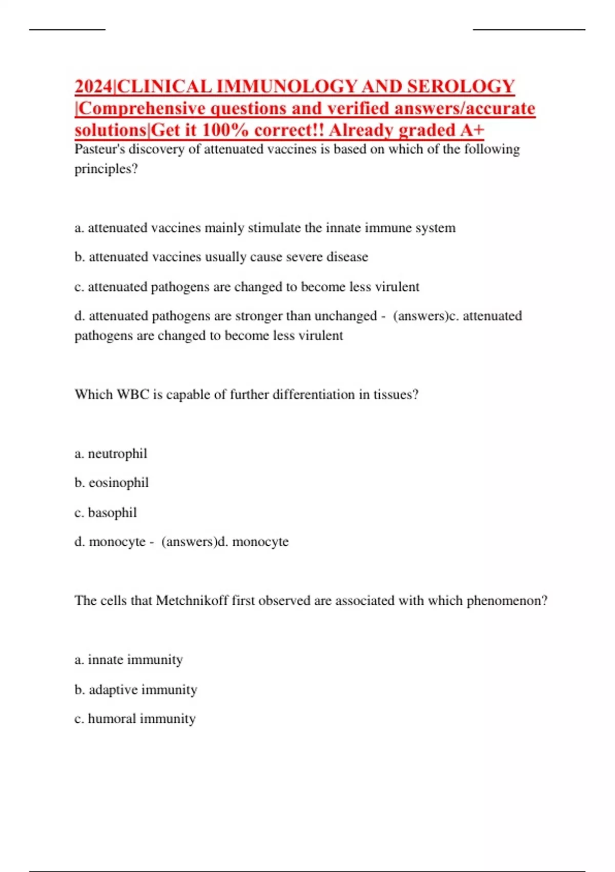 2024|CLINICAL IMMUNOLOGY AND SEROLOGY |Comprehensive questions and verified answers/accurate ...