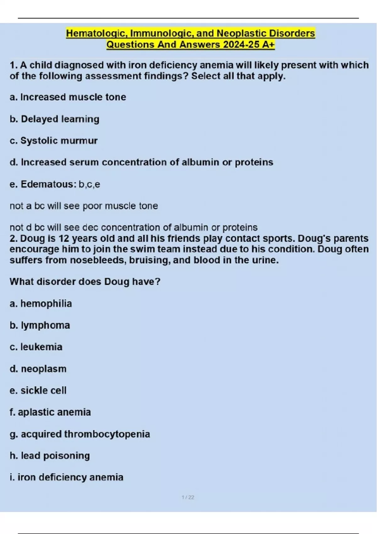 Hematologic, Immunologic, and Neoplastic Disorders Questions And ...