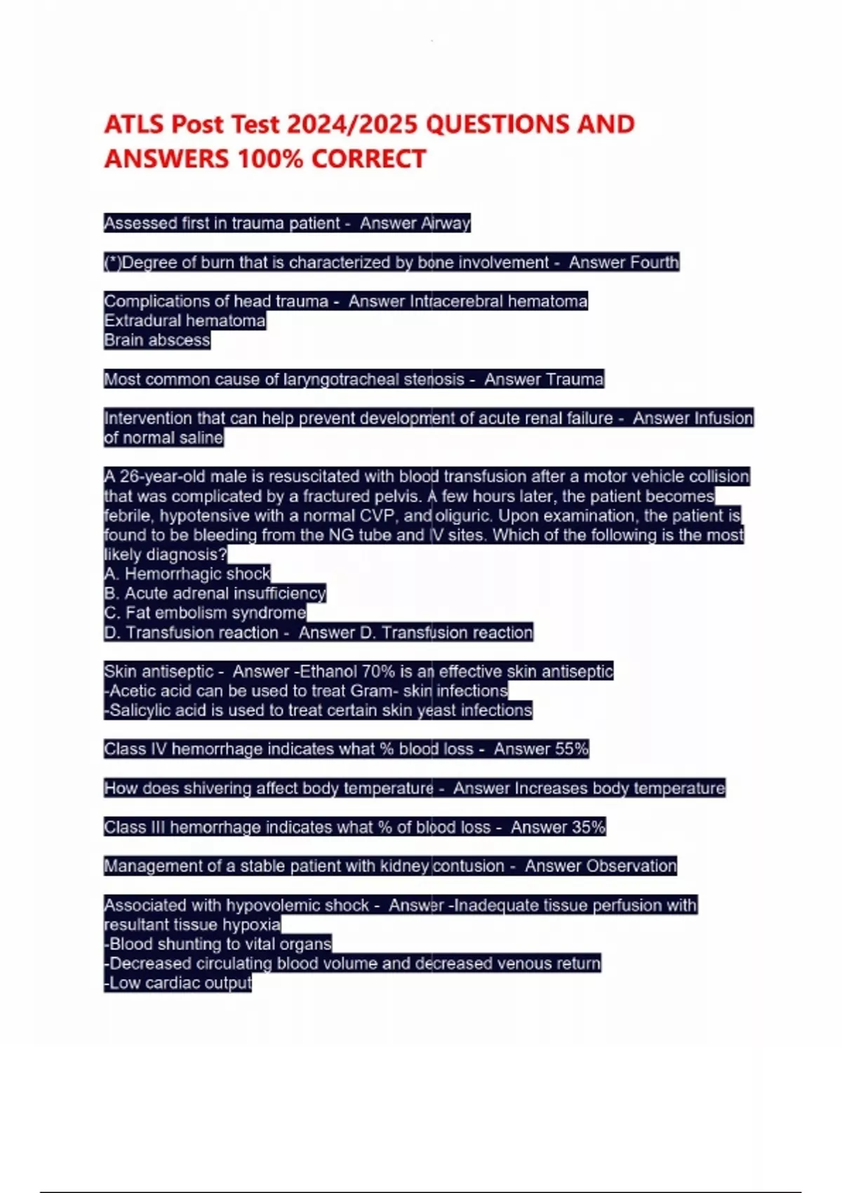 ATLS Post Test 2024/2025 QUESTIONS AND ANSWERS 100% CORRECT - LSAT ...