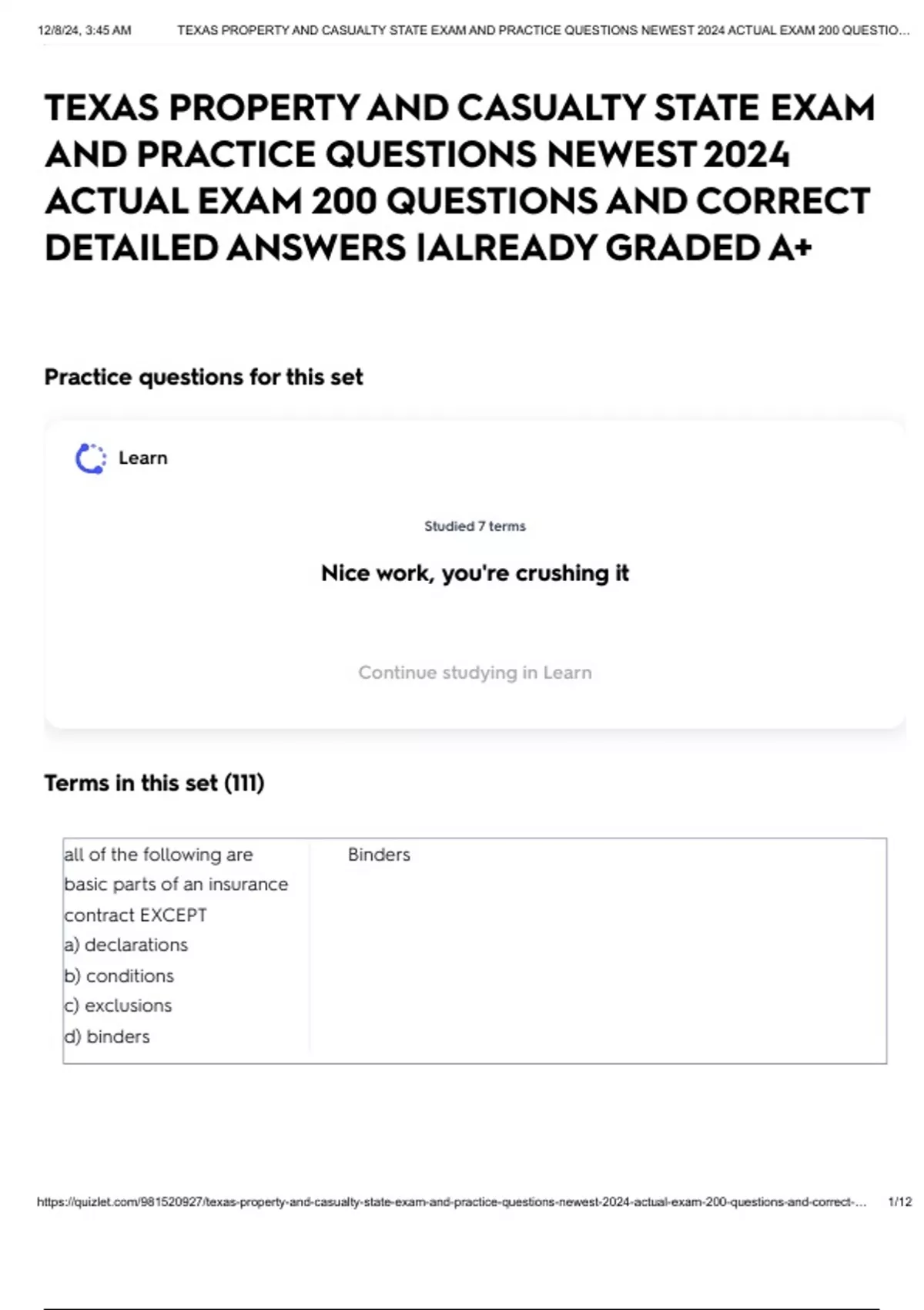 TEXAS PROPERTY AND CASUALTY STATE EXAM AND PRACTICE QUESTIONS NEWEST ...