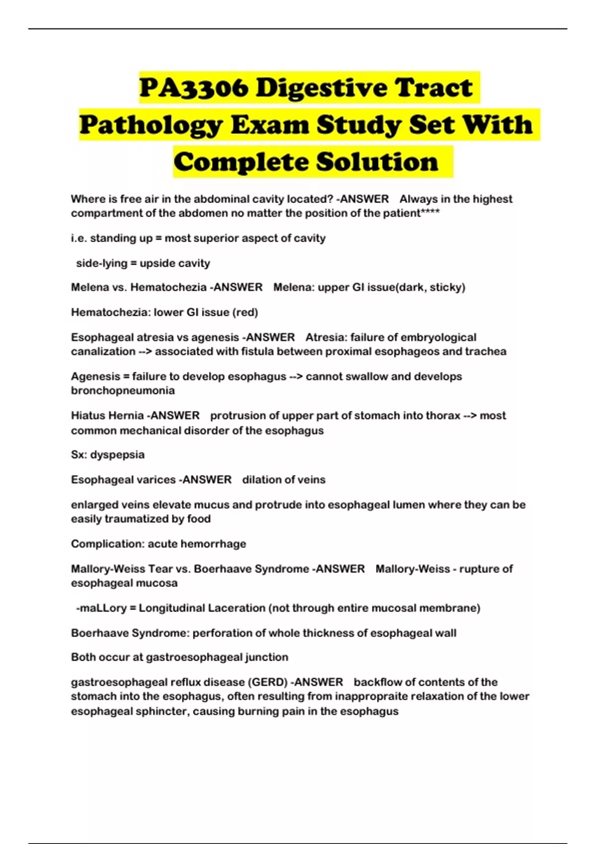 PA3306 Digestive Tract Pathology Exam Study Set With Complete Solution ...