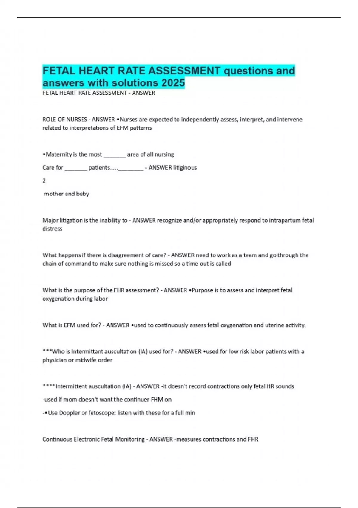 FETAL HEART RATE ASSESSMENT questions and answers with solutions 2025 ...