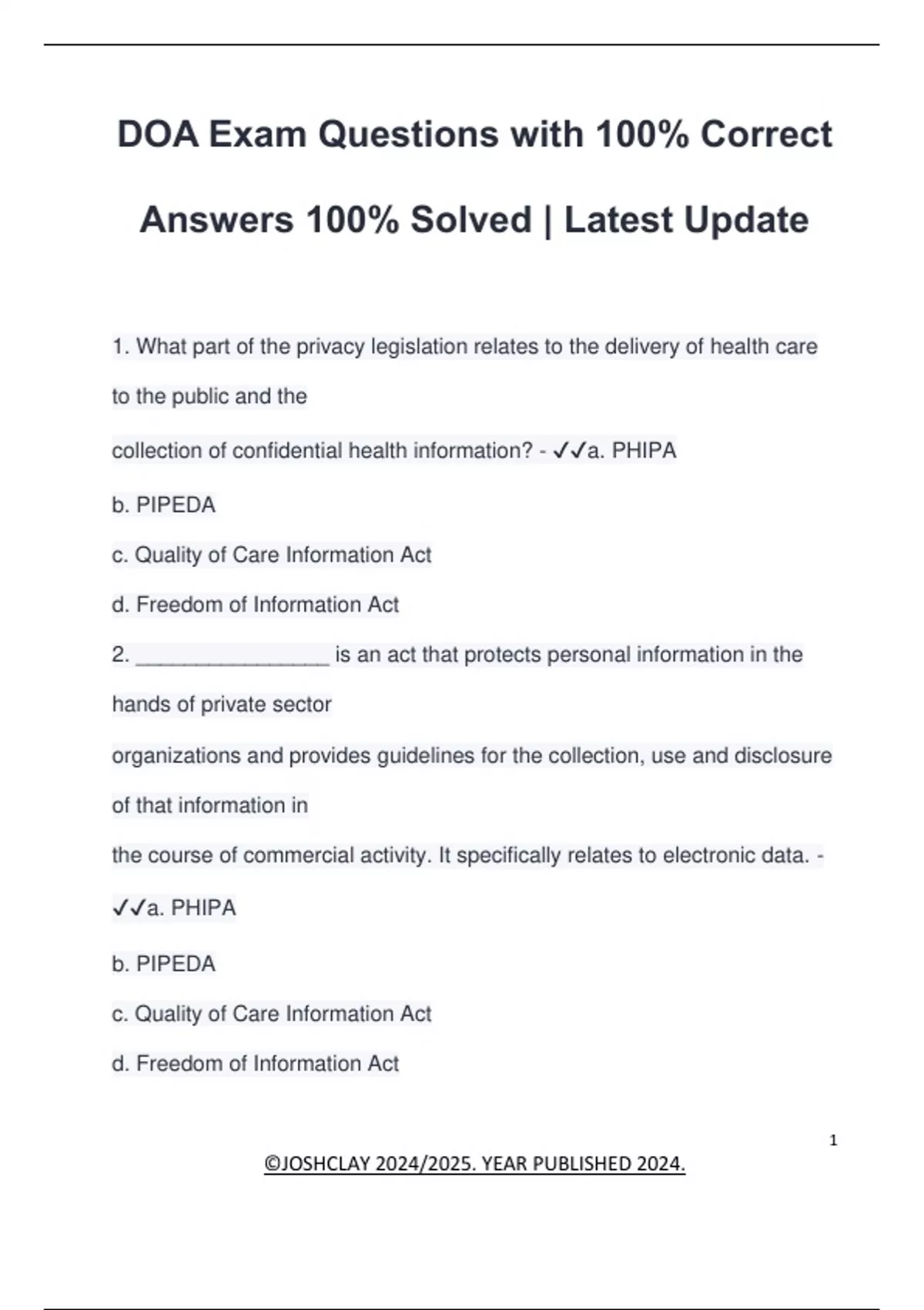 DOA Exam Questions with 100% Correct Answers 100% Solved | Latest ...