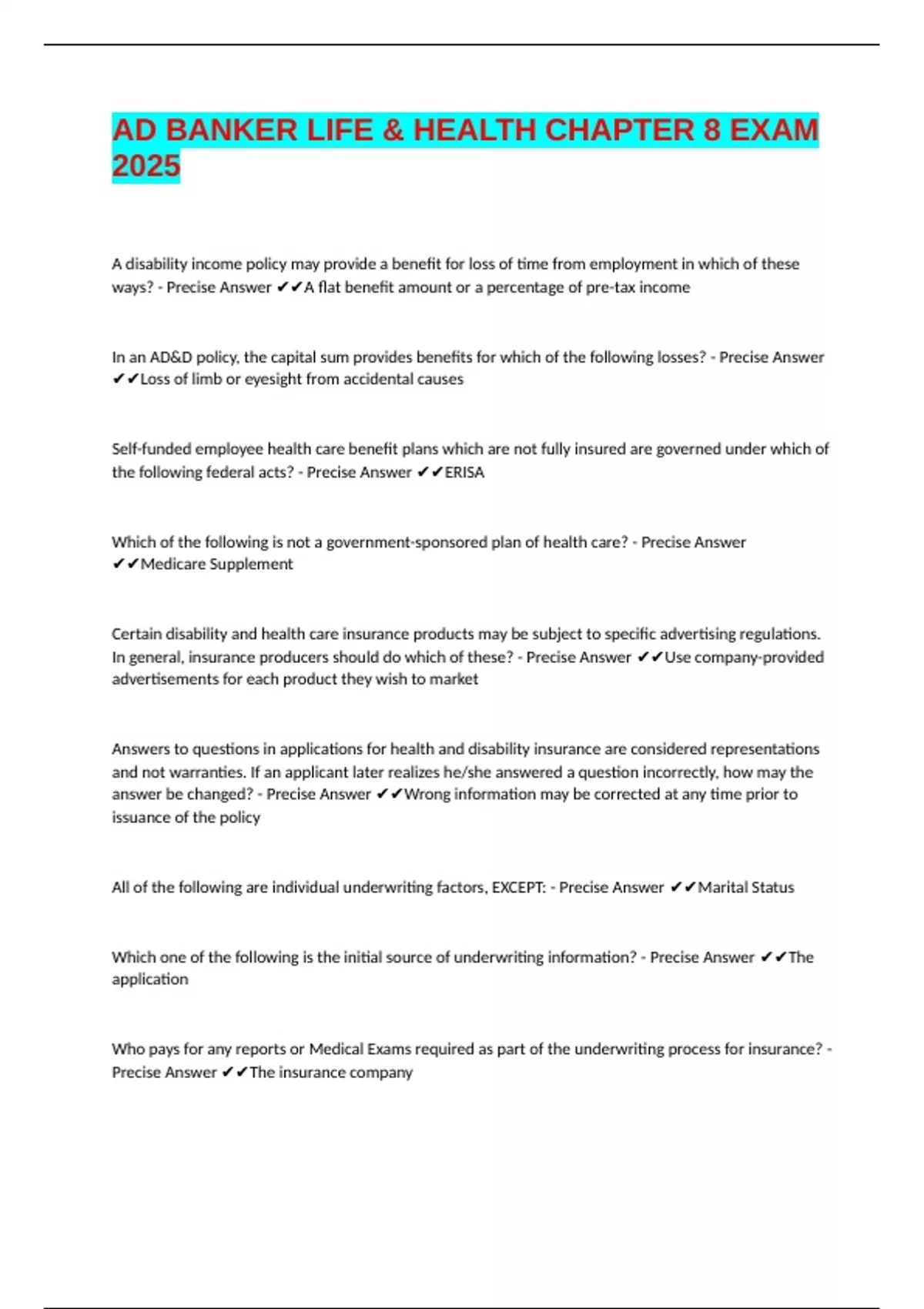 AD BANKER LIFE & HEALTH CHAPTER 8 EXAM 2025 - AD BANKER LIFE & HEALTH ...