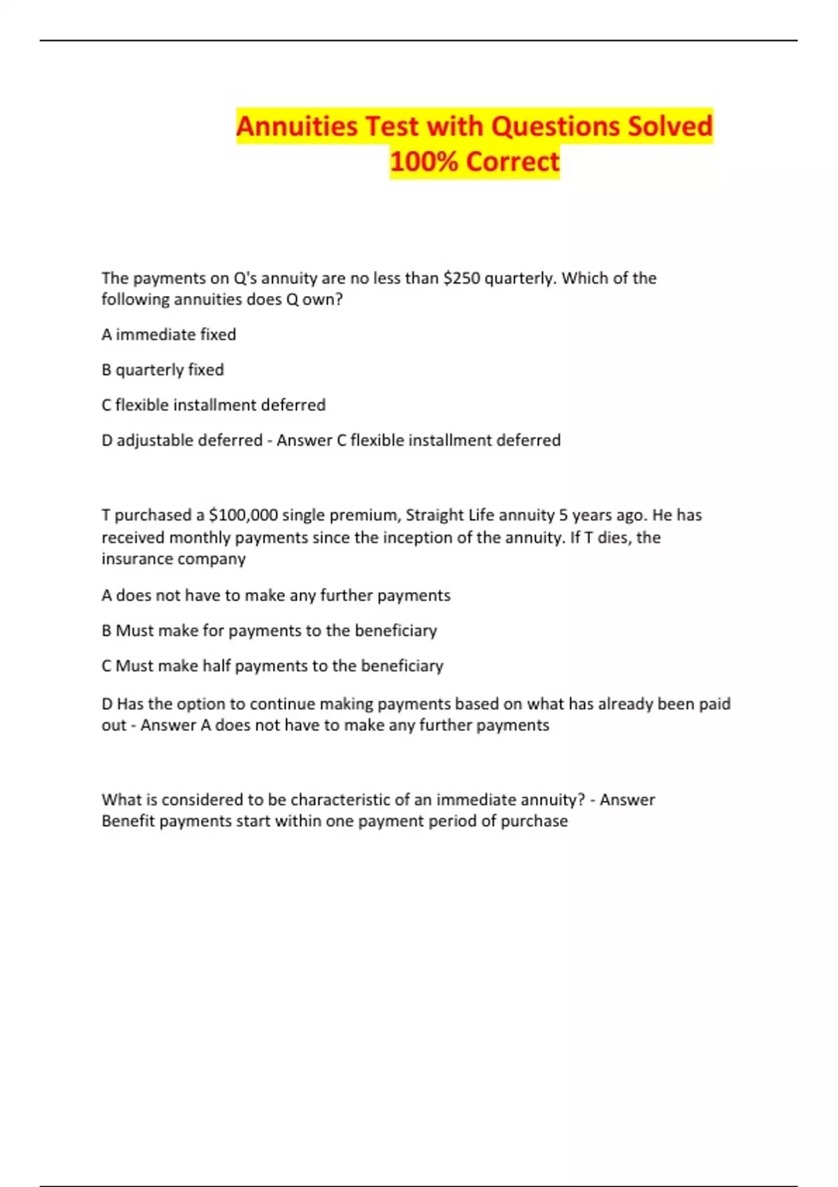 Annuities Test with Questions Solved 100% Correct - Annuities - Stuvia US