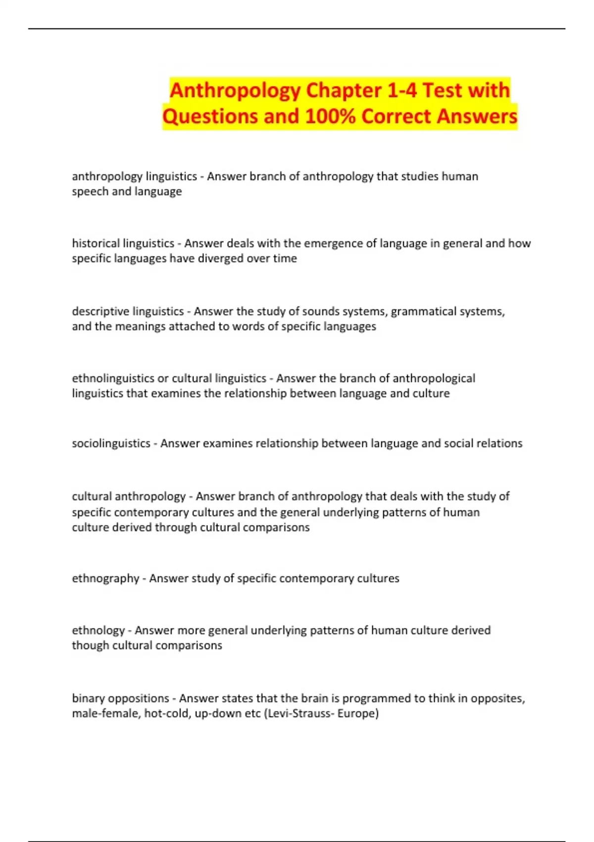 Anthropology Chapter 1-4 Test with Questions and 100% Correct Answe ...