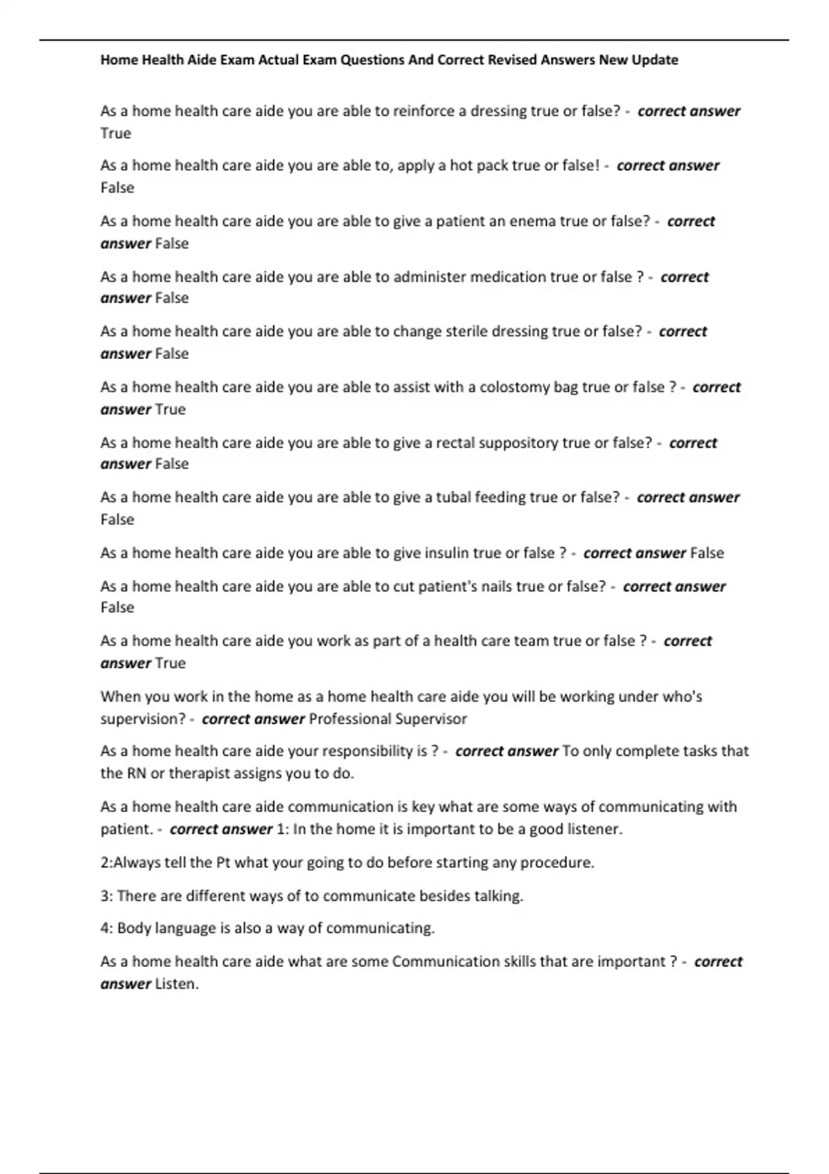 Home Health Aide Exam Actual Exam Questions And Correct Revised Answers ...