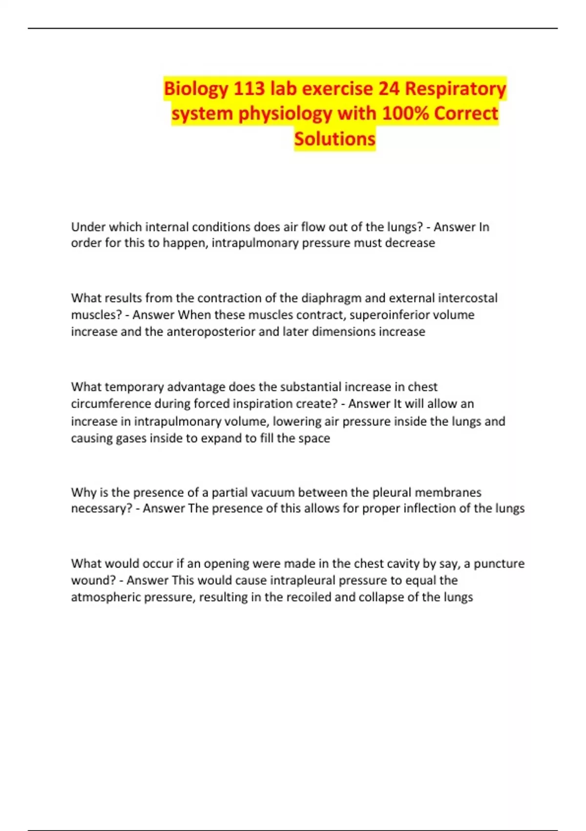 Biology 113 lab exercise 24 Respiratory system physiology with 100% ...