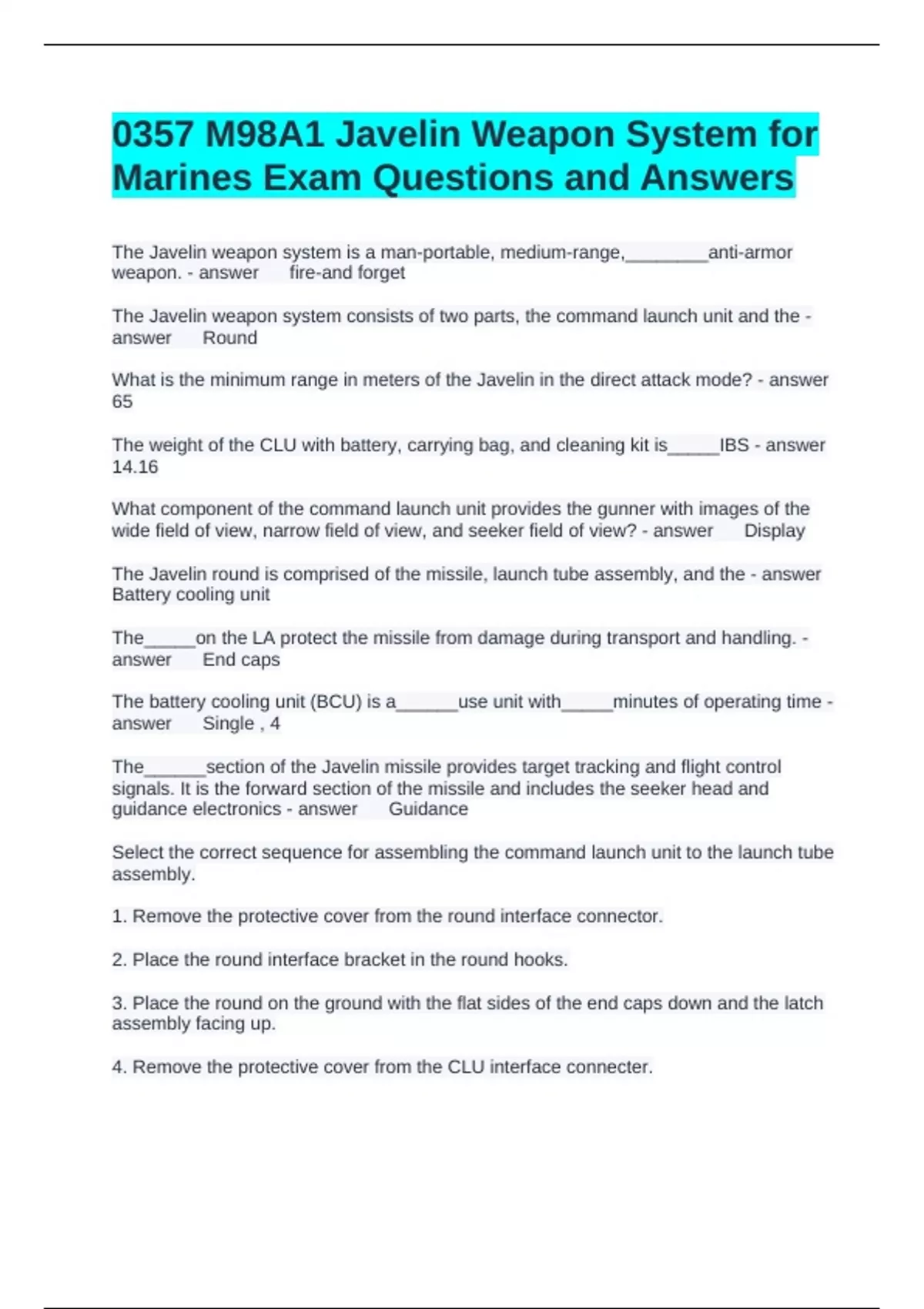 0357 M98A1 Javelin Weapon System for Marines Exam Questions and Answers ...