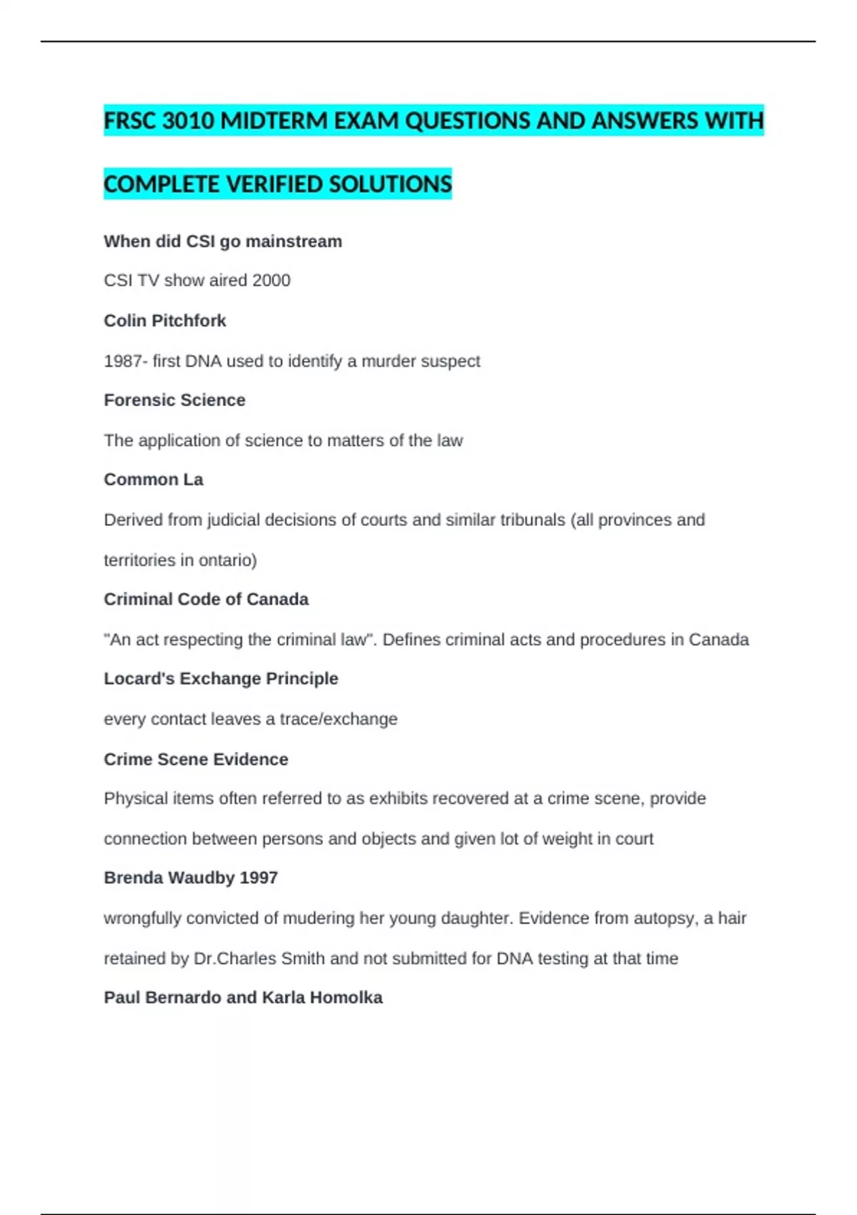 FRSC 3010 MIDTERM EXAM QUESTIONS AND ANSWERS WITH COMPLETE VERIFIED ...