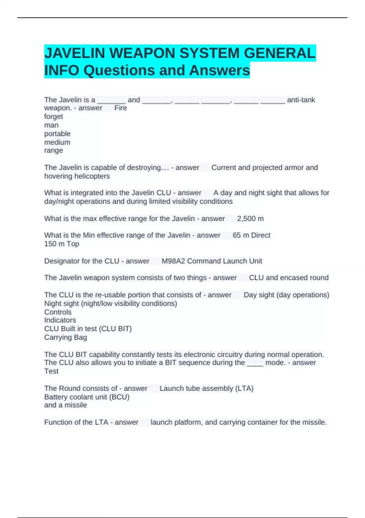 JAVELIN WEAPON SYSTEM GENERAL INFO Questions and Answers - CLU - Stuvia US