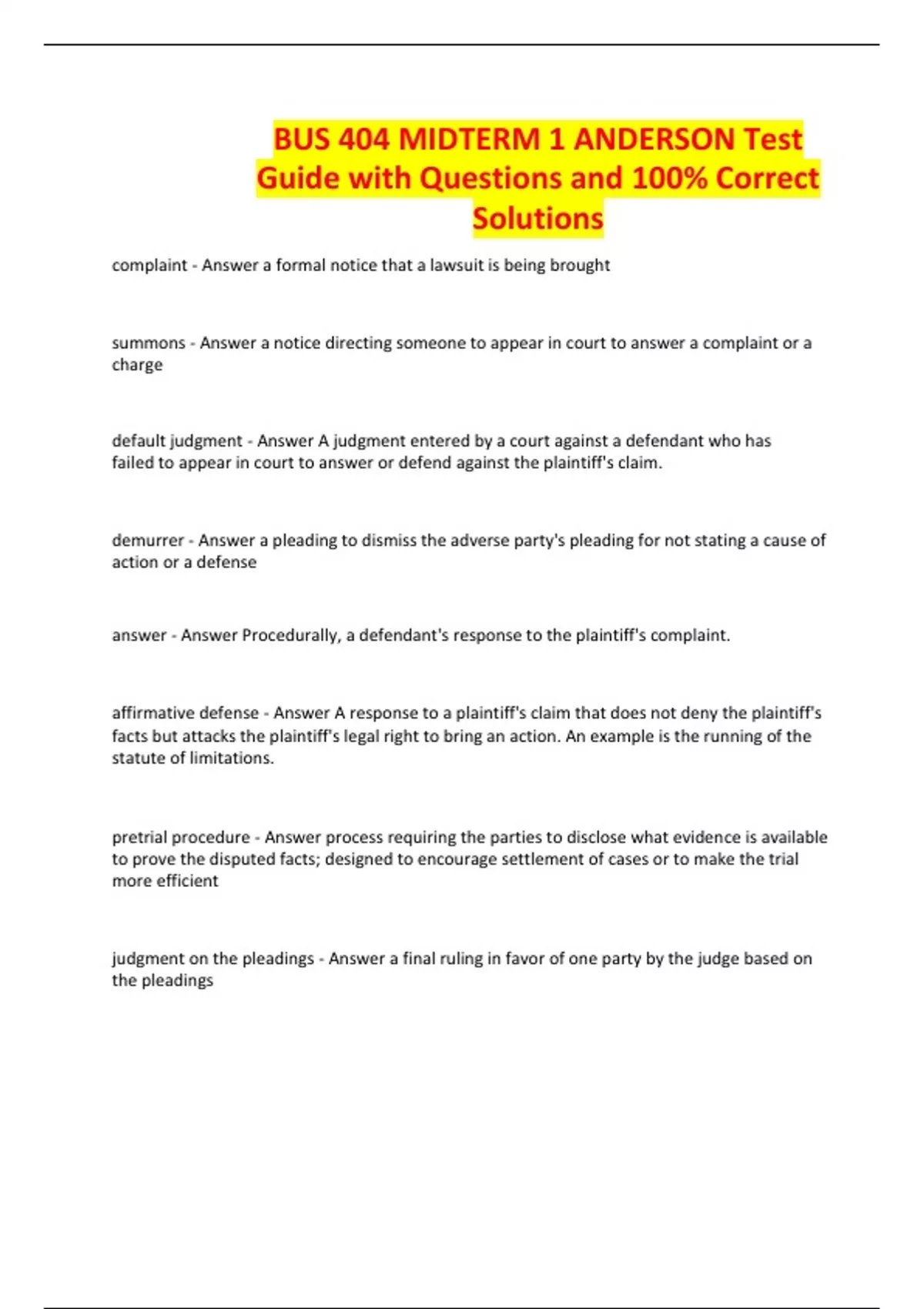BUS 404 MIDTERM 1 ANDERSON Test Guide with Questions and 100% Correct ...
