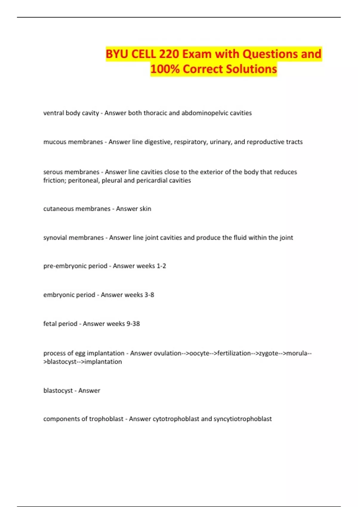 BYU CELL 220 Exam with Questions and 100% Correct Solutions - BYU - Stuvia US