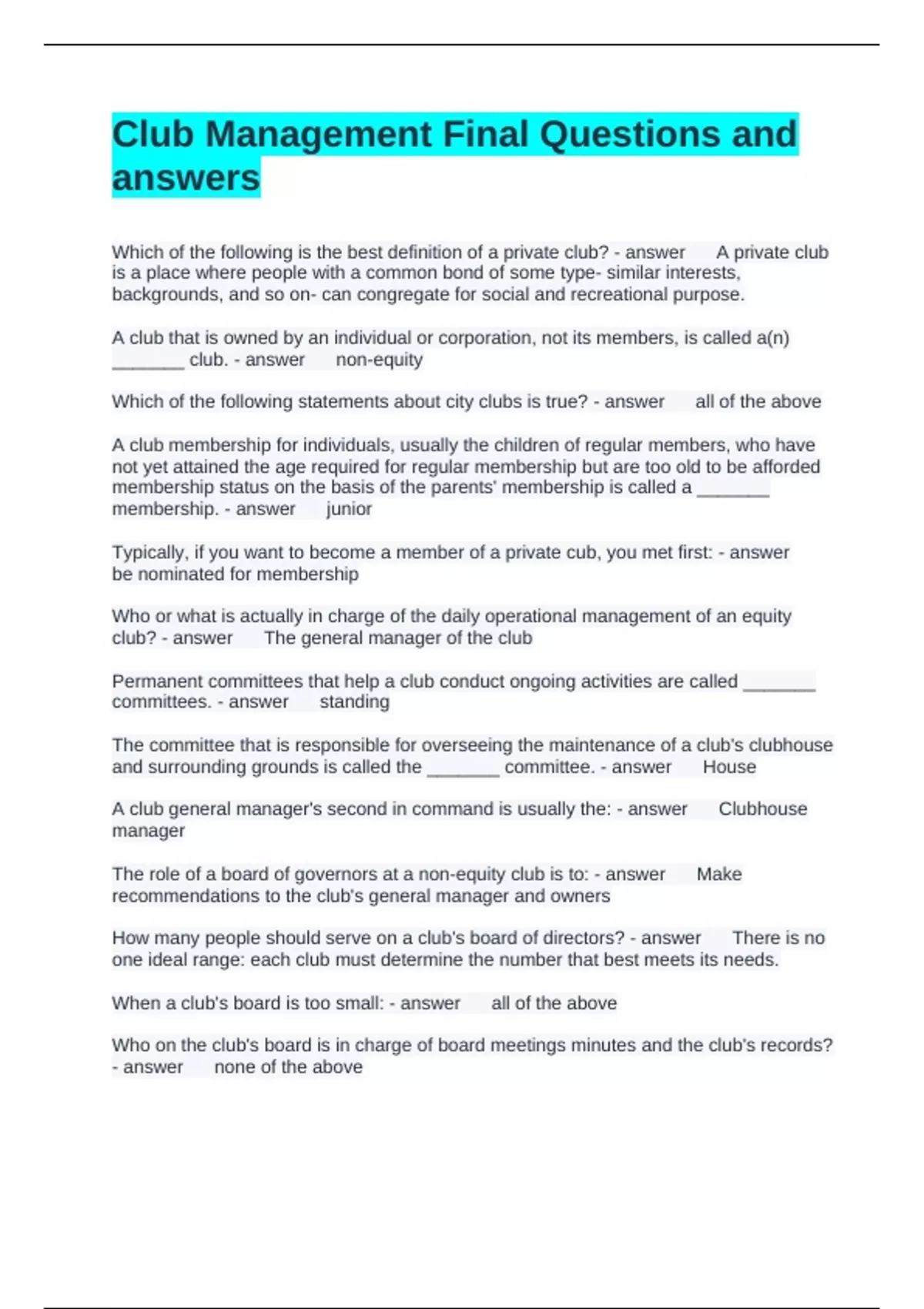 Club Management Final Questions and answers - CLU - Stuvia US