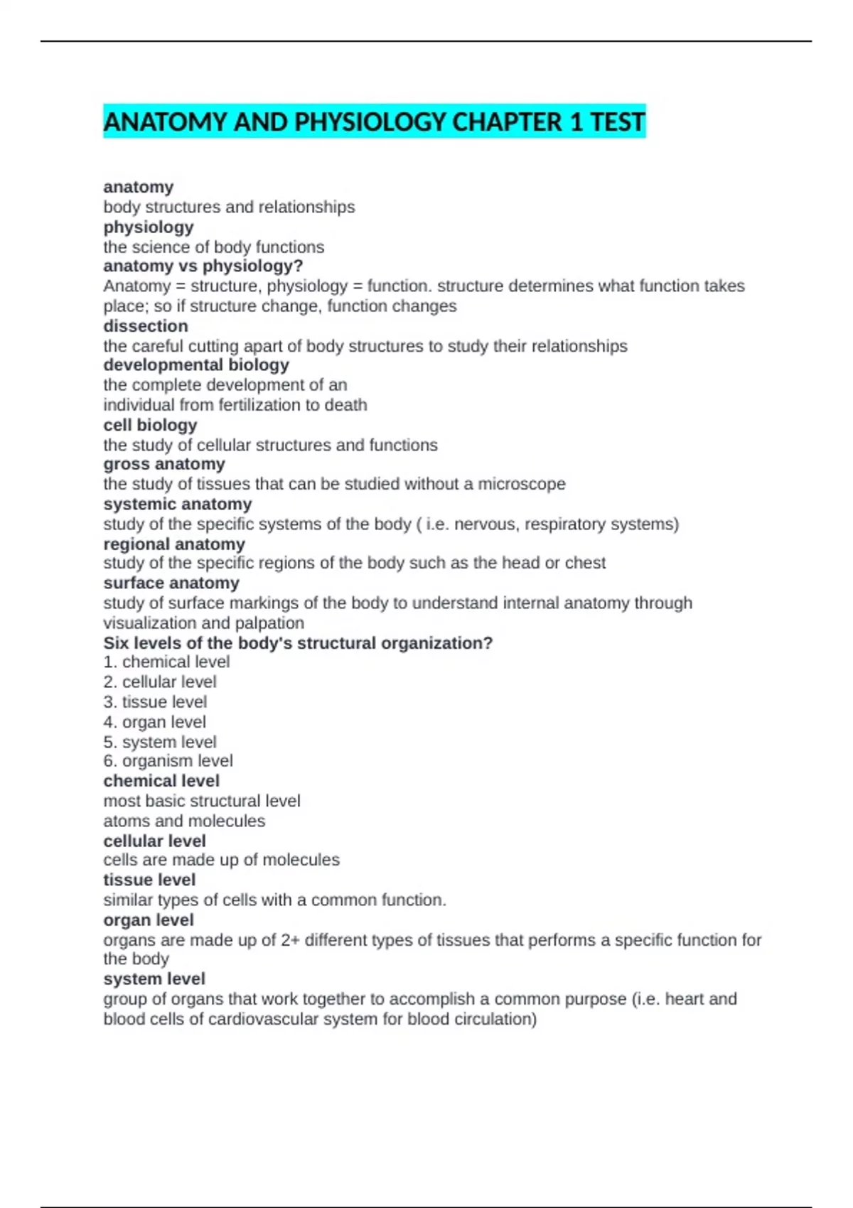 ANATOMY AND PHYSIOLOGY CHAPTER 1 TEST - PHYSIOLOGY - Stuvia US