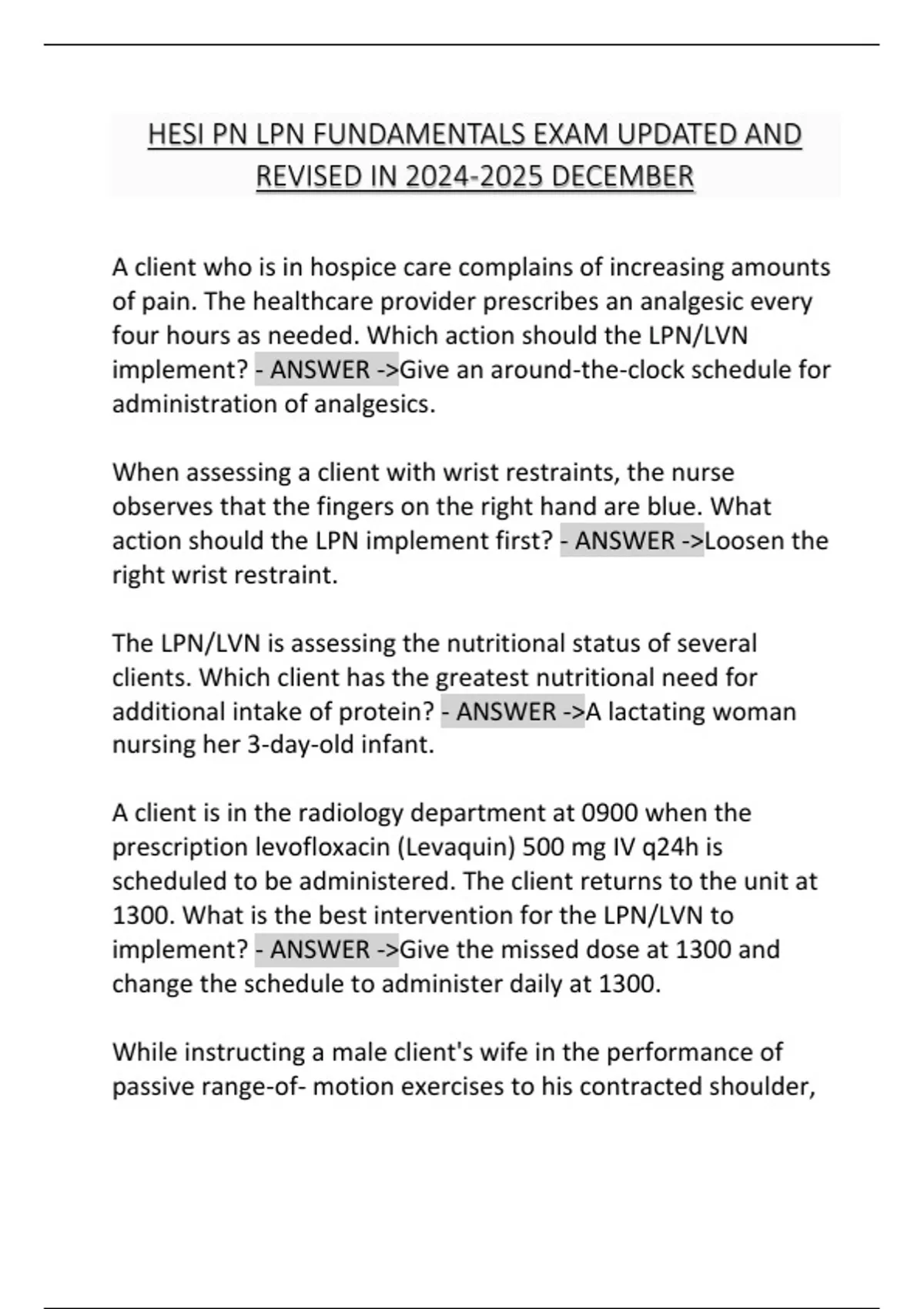 HESI PN LPN FUNDAMENTALS EXAM UPDATED AND REVISED IN DECEMBER - Nursing ...