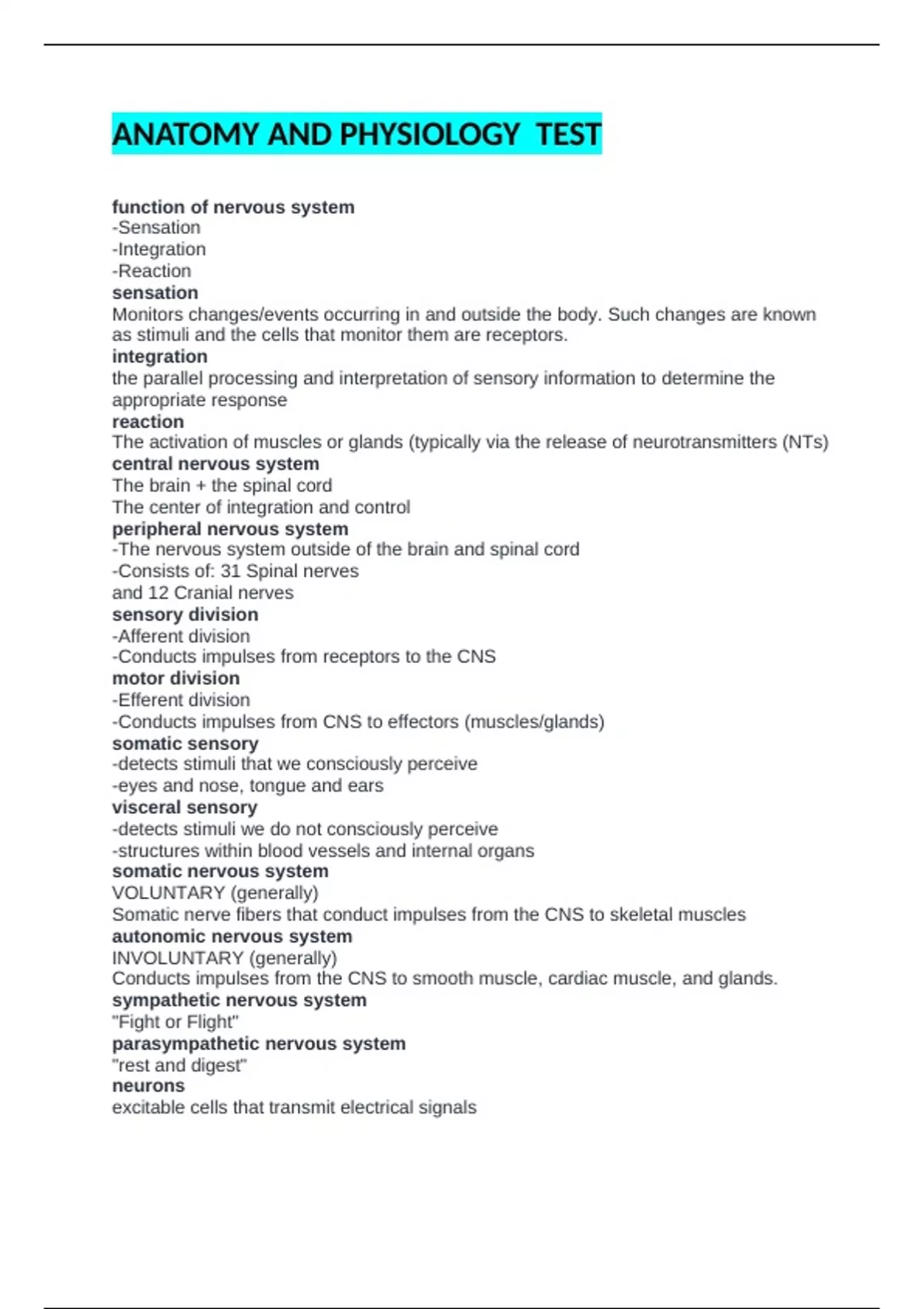 ANATOMY AND PHYSIOLOGY TEST - PHYSIOLOGY - Stuvia US