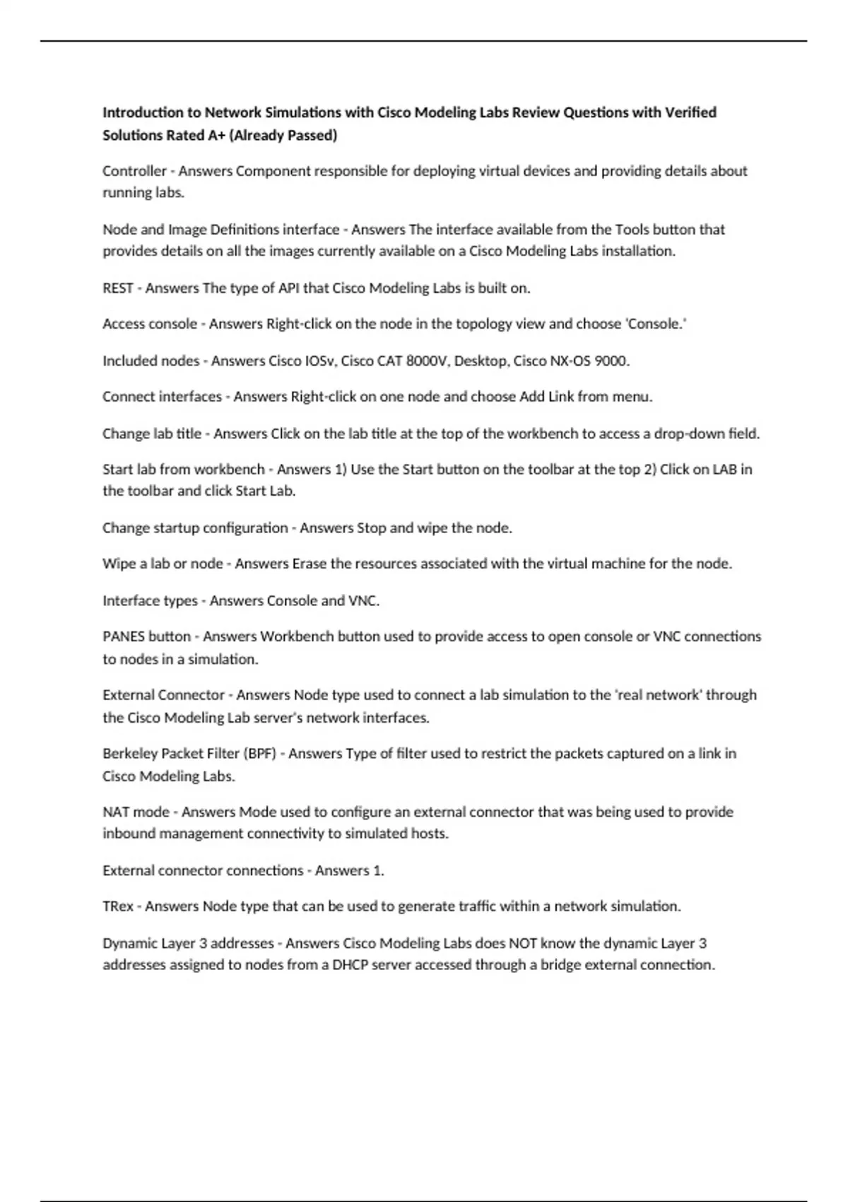 Introduction to Network Simulations with Cisco Modeling Labs Review Questions with Verified ...