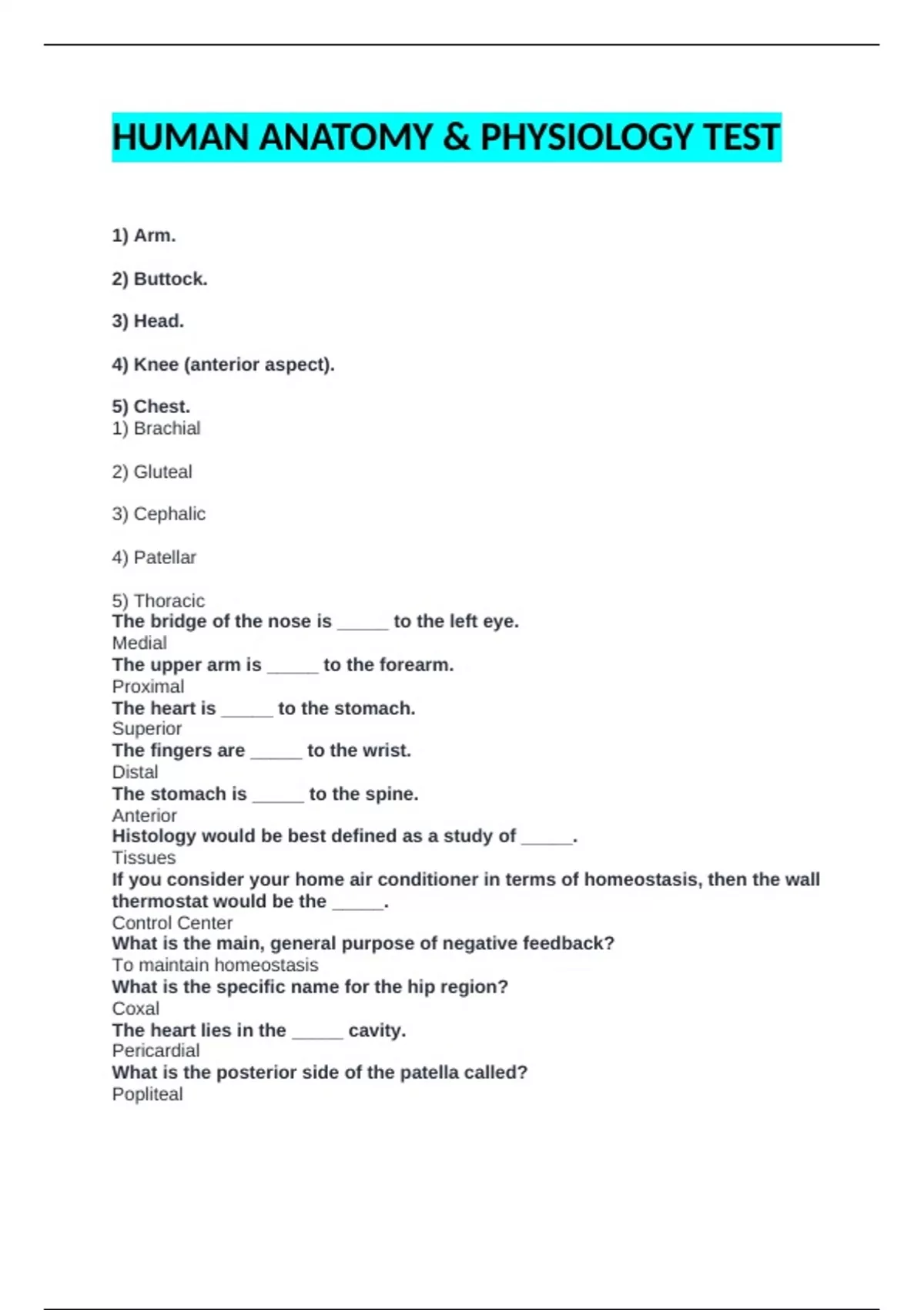 HUMAN ANATOMY & PHYSIOLOGY TEST - PHYSIOLOGY - Stuvia US