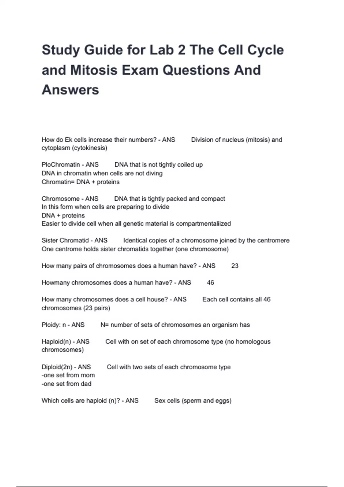 Study Guide for Lab 2 The Cell Cycle and Mitosis Exam Questions And ...