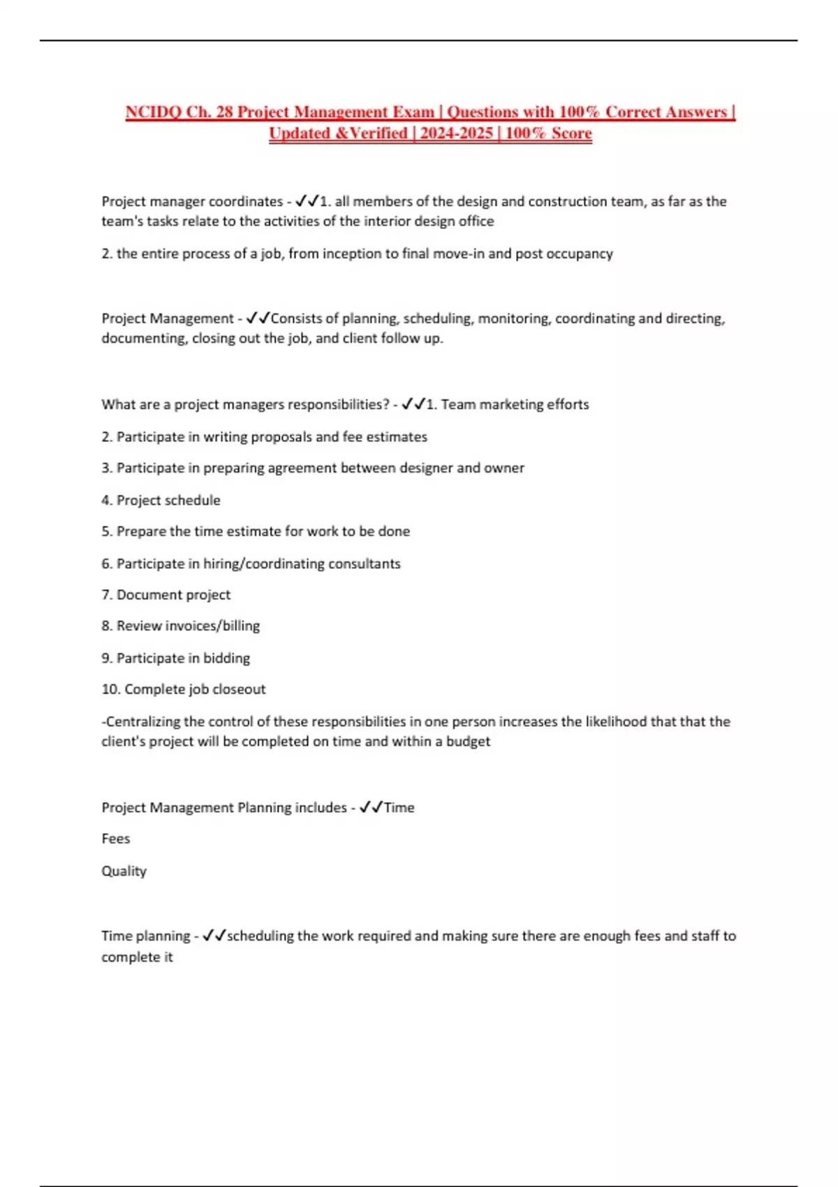 NCIDQ Ch. 28 Project Management Exam | Questions with 100% Correct Answers | Updated &Verified ...