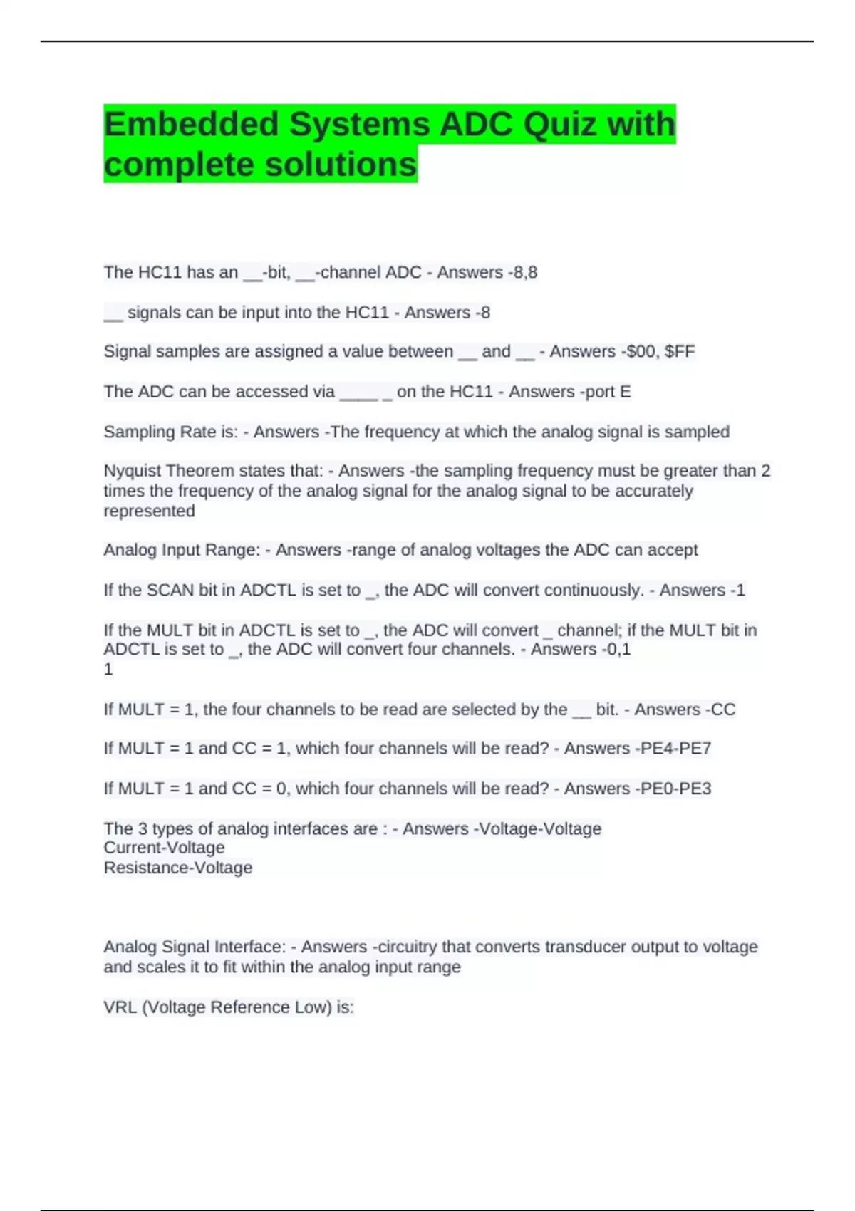 Embedded Systems ADC Quiz with complete solutions - ADC - Stuvia US