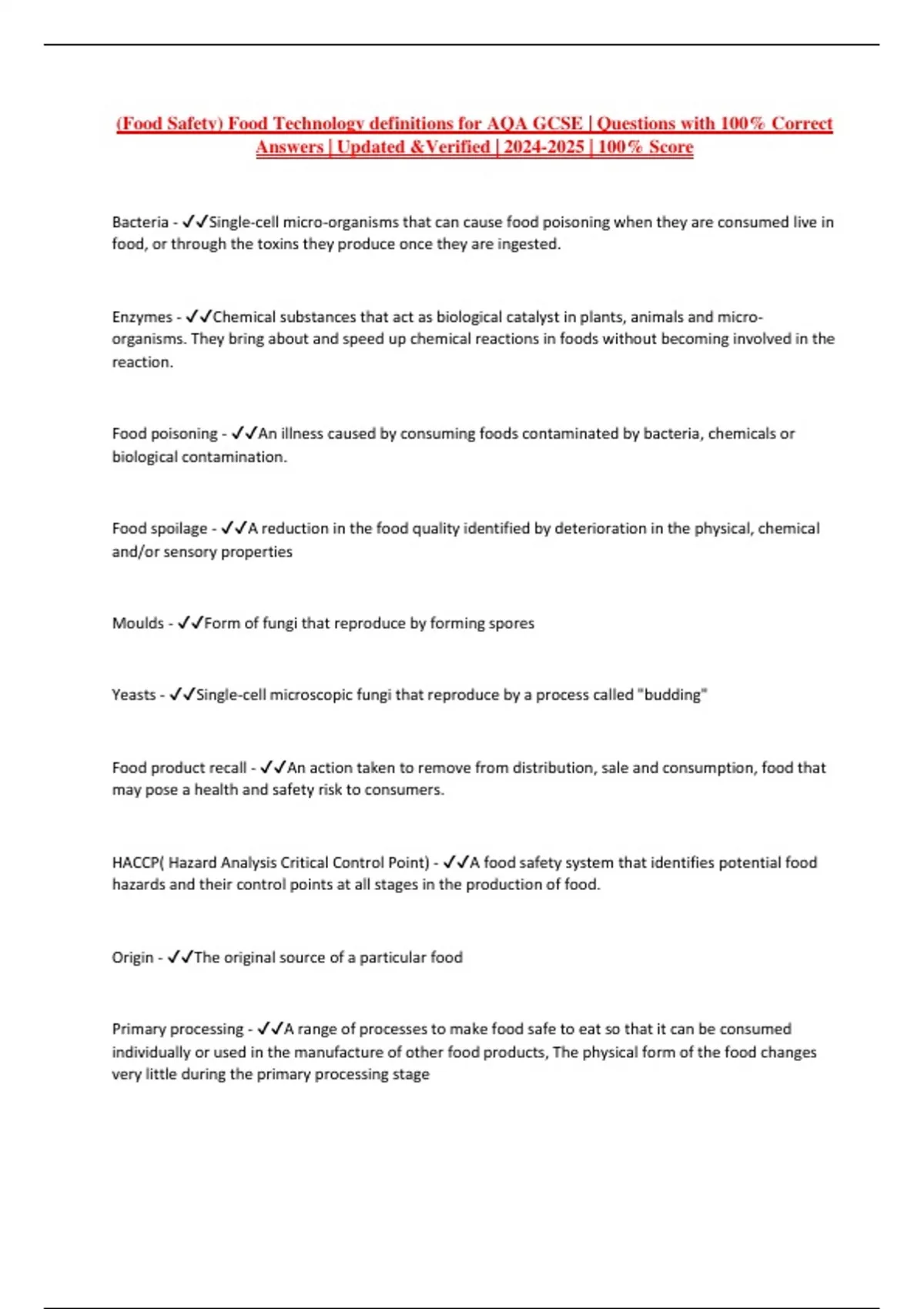 (Food Safety) Food Technology definitions for AQA GCSE | Questions with ...
