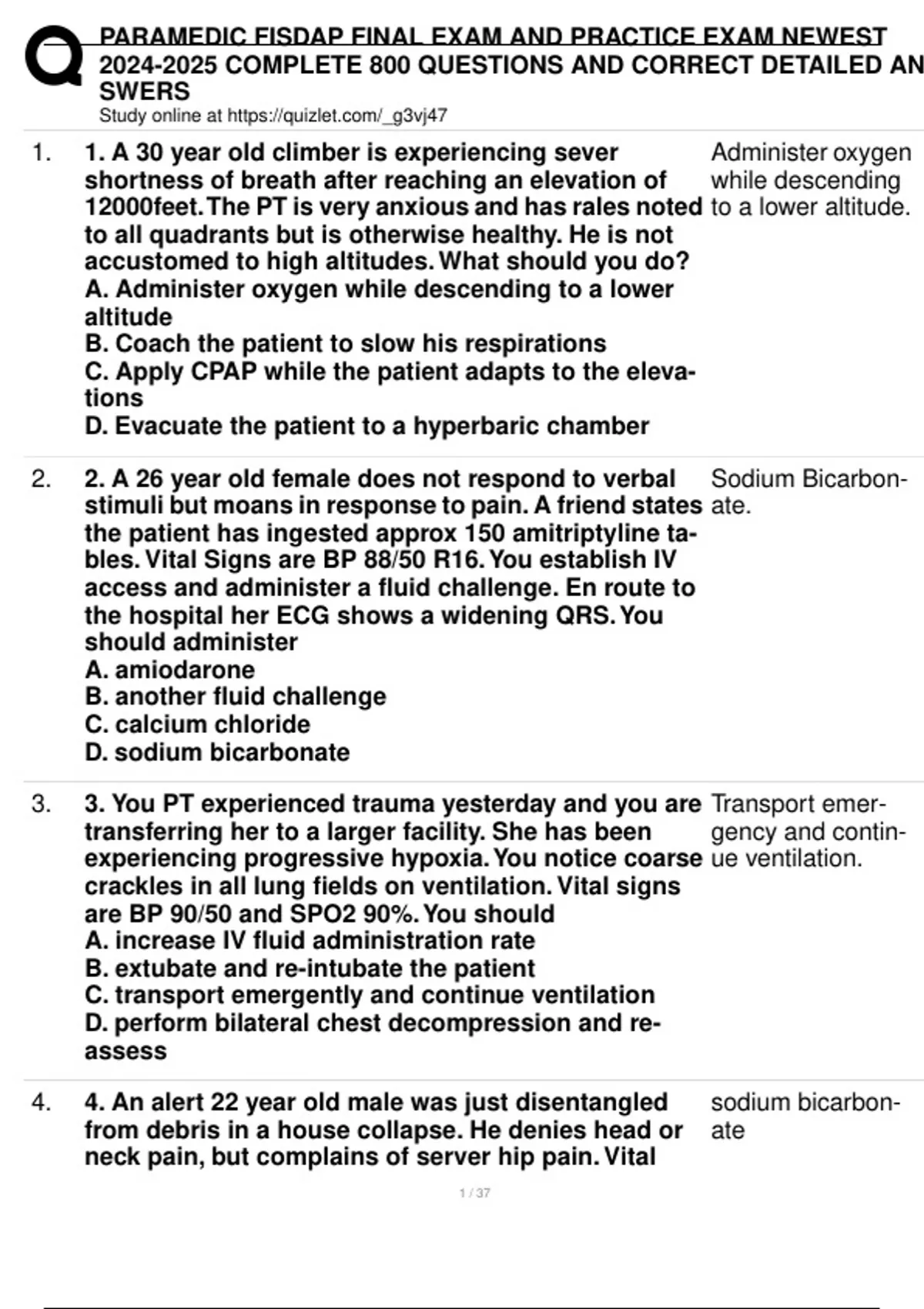 PARAMEDIC FISDAP FINAL EXAM AND PRACTICE EXAM NEWEST COMPLETE 800 ...