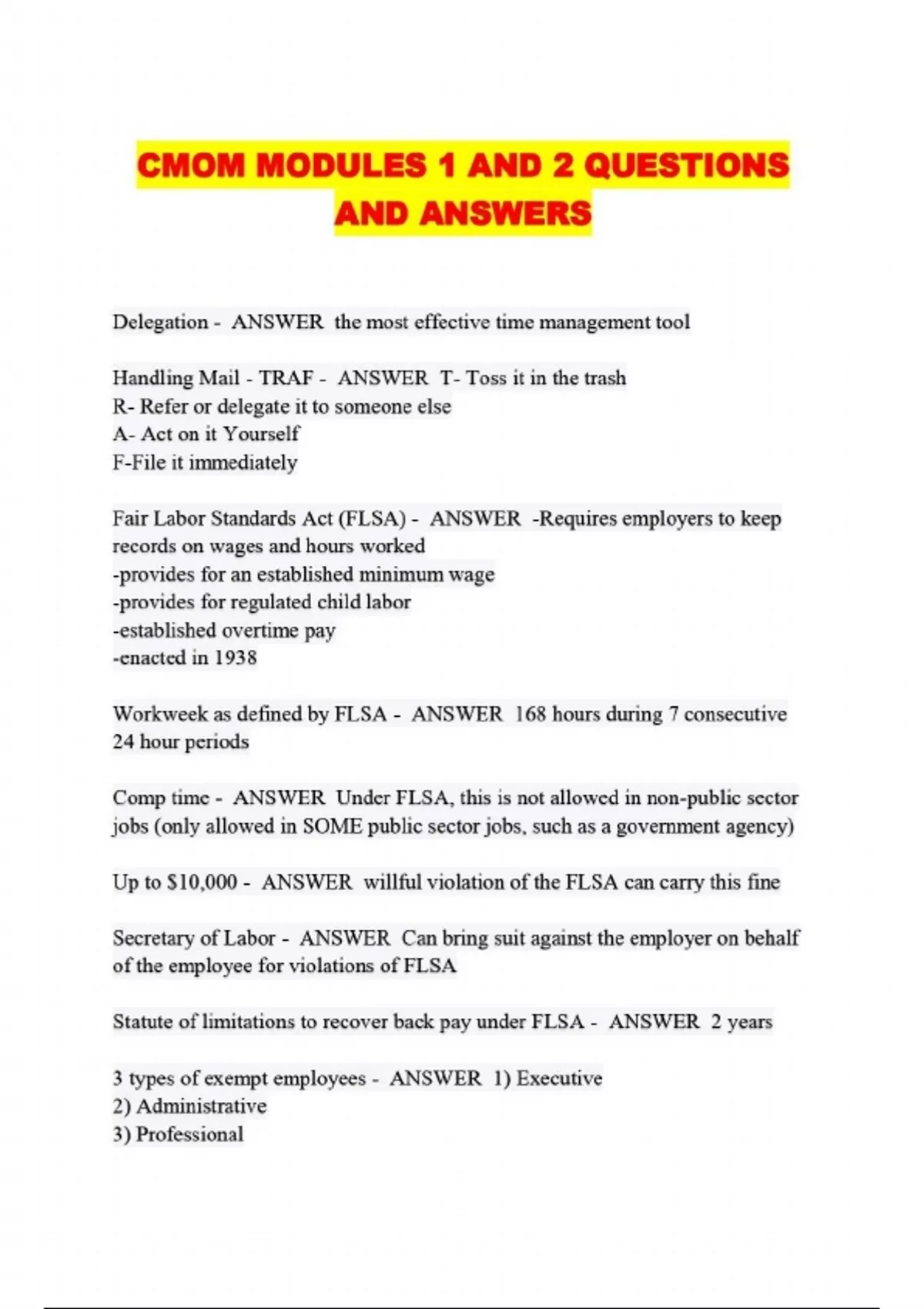 CMOM MODULES 1 AND 2 QUESTIONS AND ANSWERS - CMOM - Stuvia US