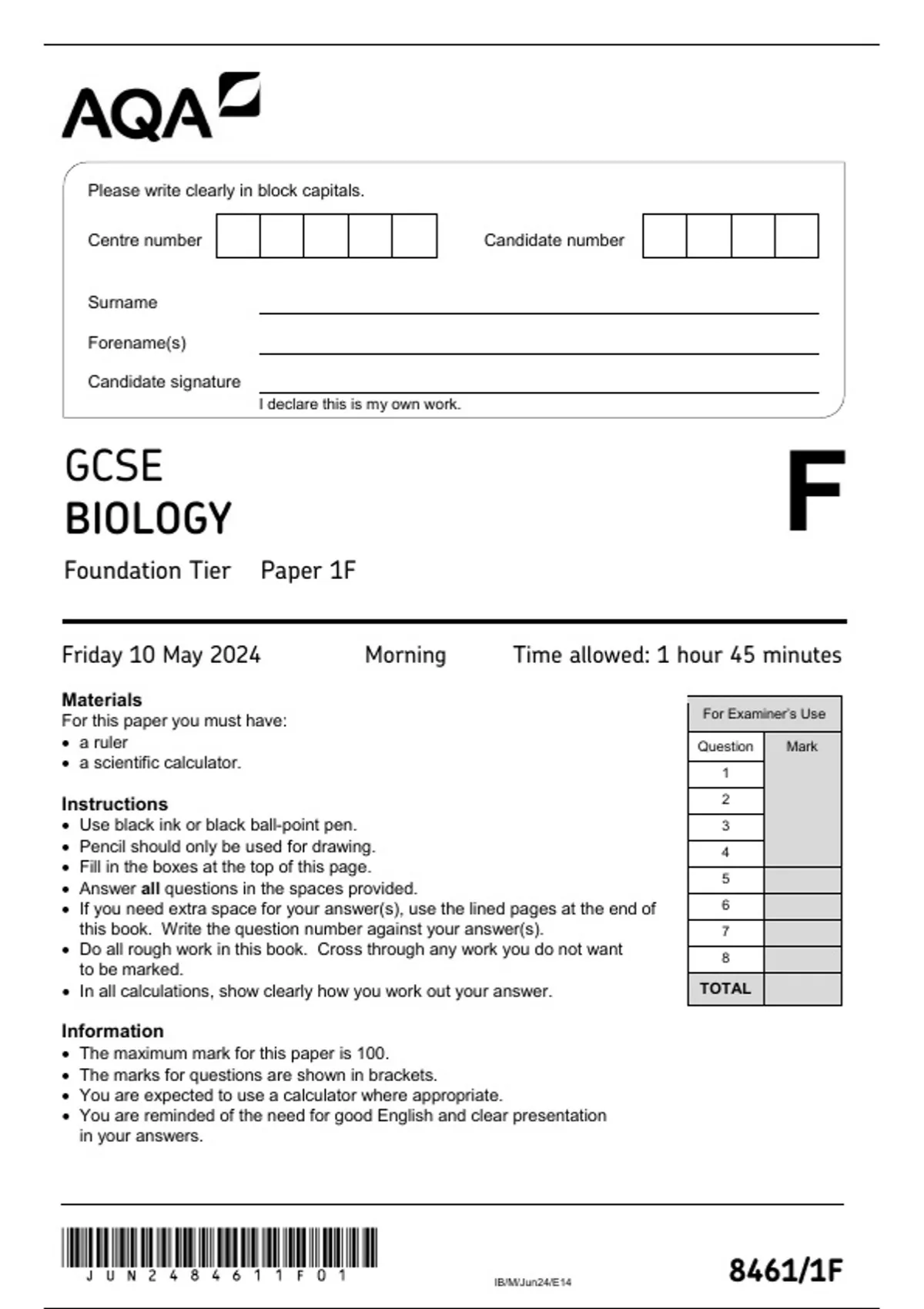 AQA GCSE JUNE 2024 TRIPLE SCIENCE BIOLOGY FOUNDATION ALL PAPERS AND ...