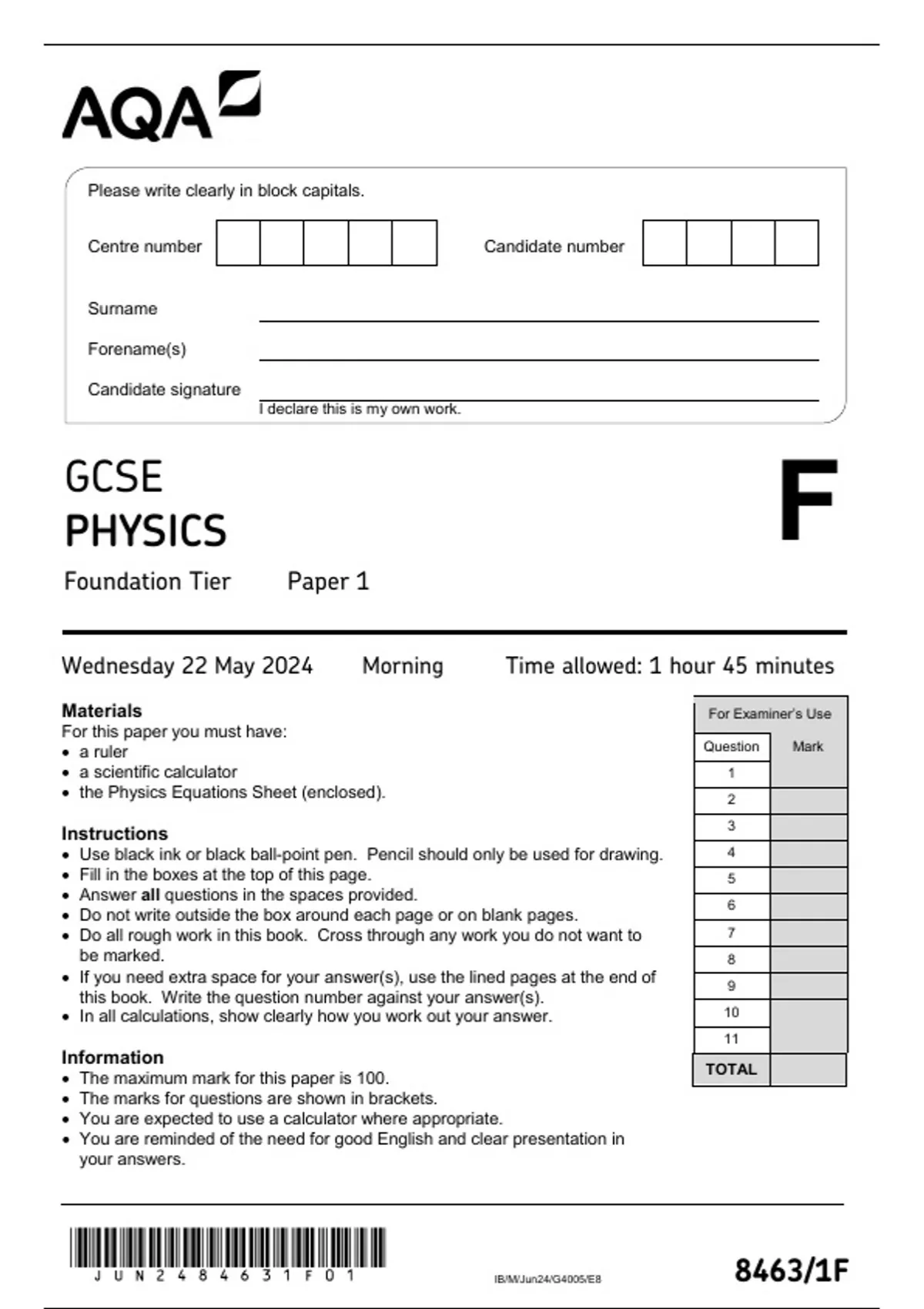 AQA GCSE JUNE 2024 TRIPLE SCIENCE PHYSICS FOUNDATION ALL PAPERS AND ...
