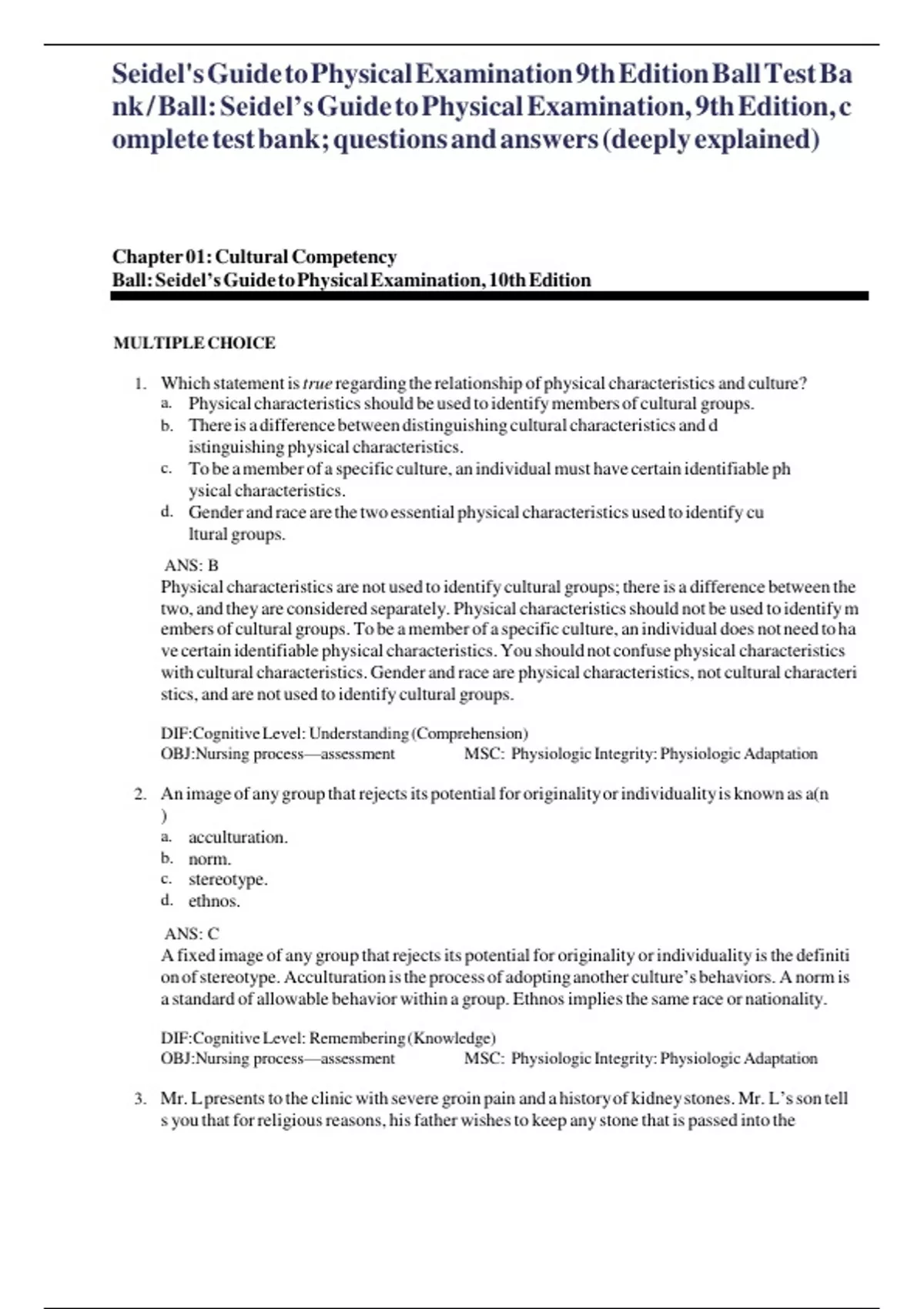 TEST BANK FOR SEIDEL’S GUIDE TO PHYSICAL EXAMINATION 9TH EDITION LATEST ...