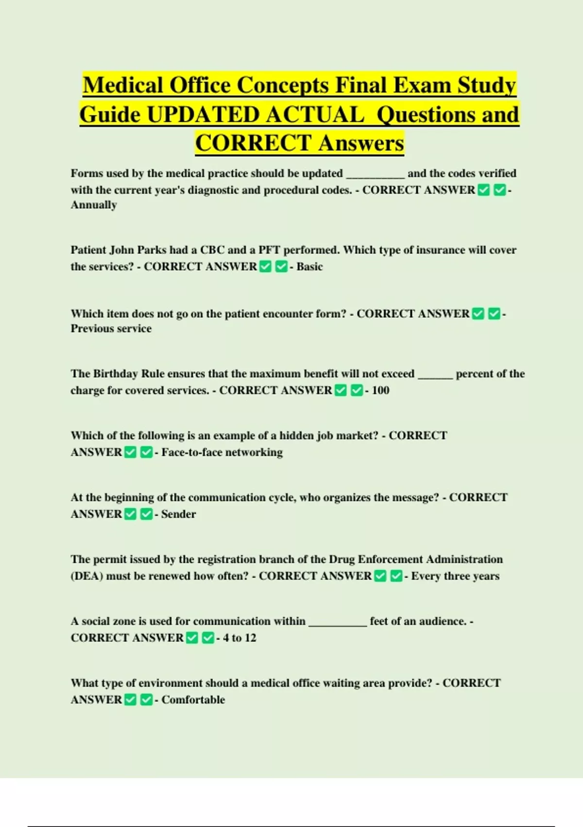 Medical Office Concepts Bundled Exam Questions WITH CORRECT Answers ...