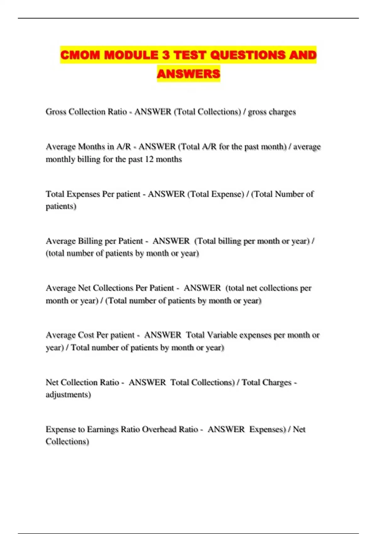 CMOM MODULE 3 TEST QUESTIONS AND ANSWERS - CMOM - Stuvia US