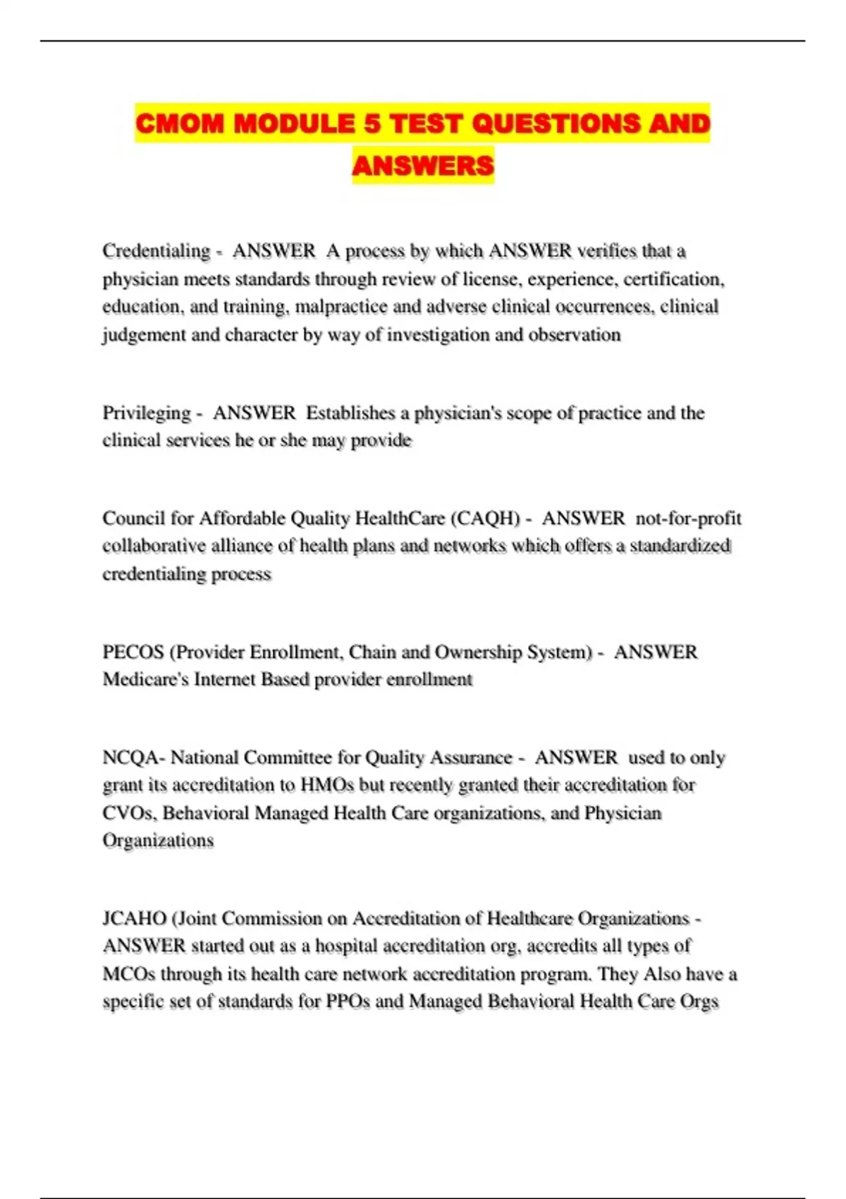 CMOM MODULE 5 TEST QUESTIONS AND ANSWERS - CMOM - Stuvia US