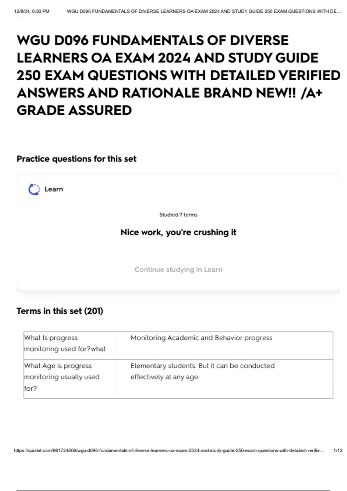 WGU D096 FUNDAMENTALS OF DIVERSE LEARNERS OA EXAM 2024 AND STUDY GUIDE ...