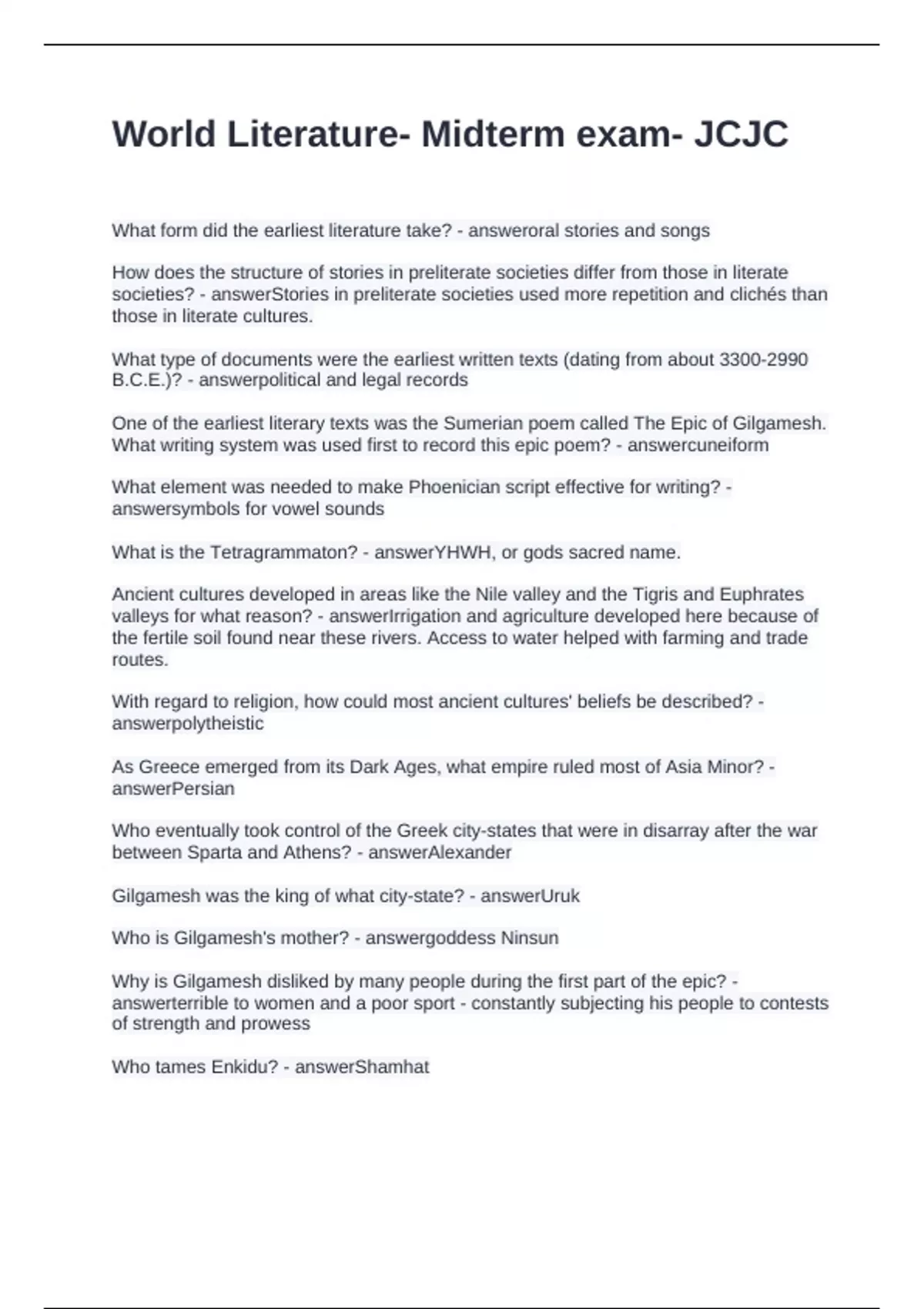 World Literature- Midterm exam- JCJC Questions and Answers 2024 - JCJC - Stuvia US