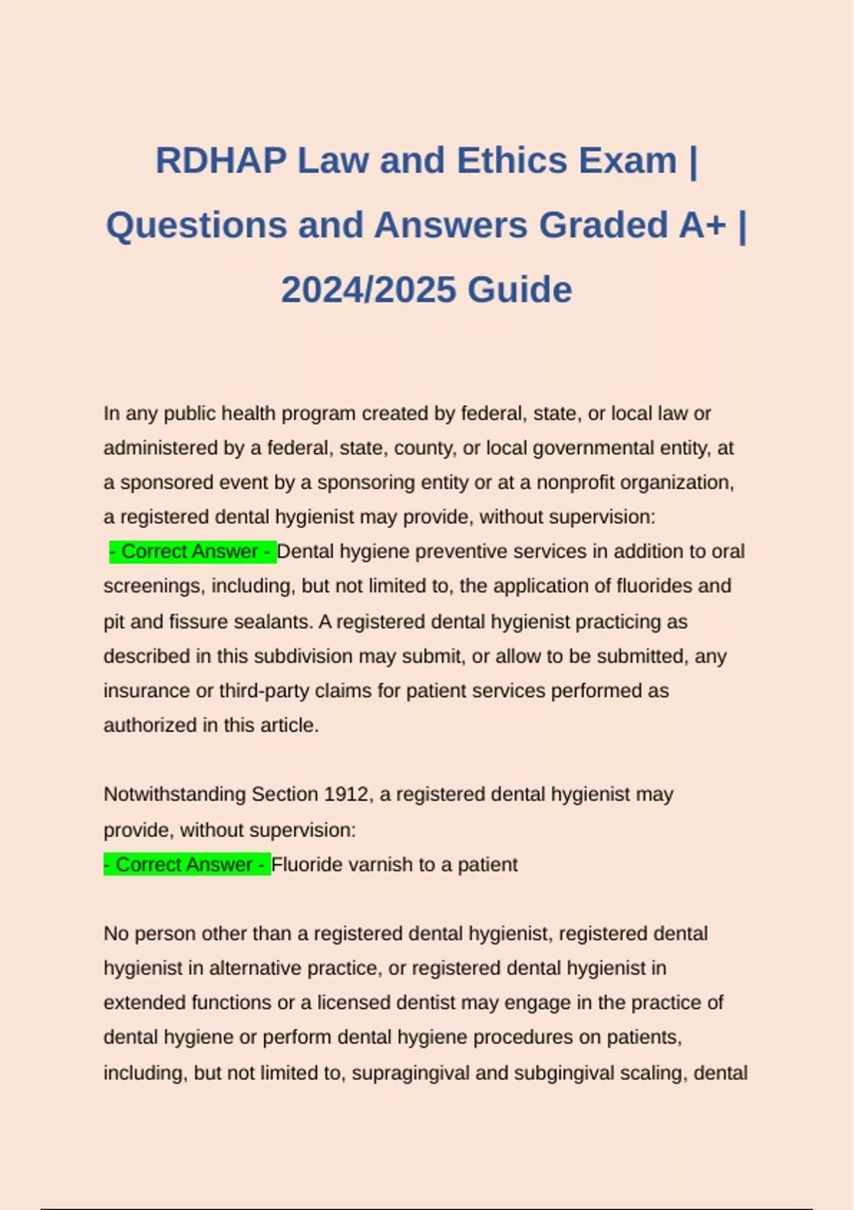 RDHAP Law and Ethics Exam | Questions and Answers Graded A+ | 2024/2025 ...
