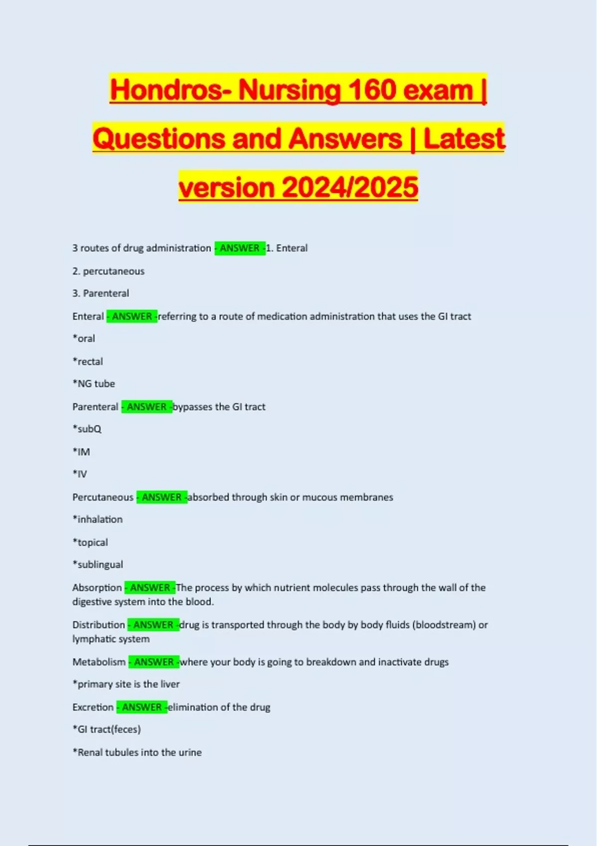 Hondros- Nursing 160 exam | Questions and Answers | Latest version 2024 ...